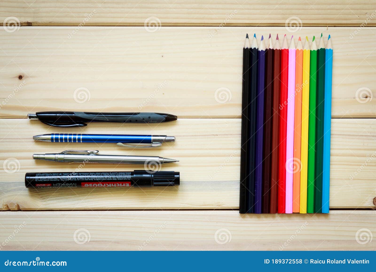 Writing Tools on Wooden Planks Stock Photo - Image of rainbow, draw ...