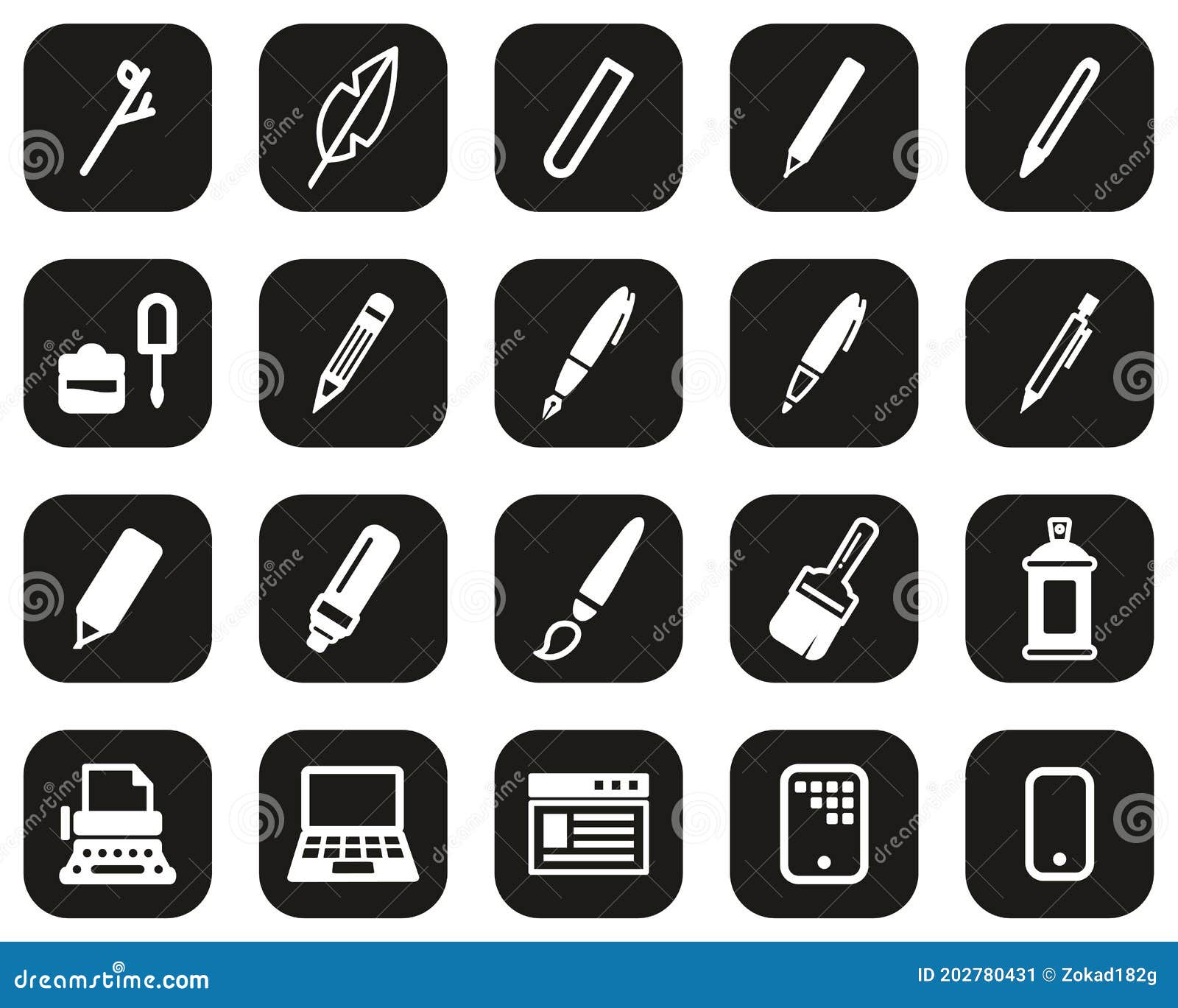 Writing Tools Icons White on Black Flat Design Set Big Stock Vector ...