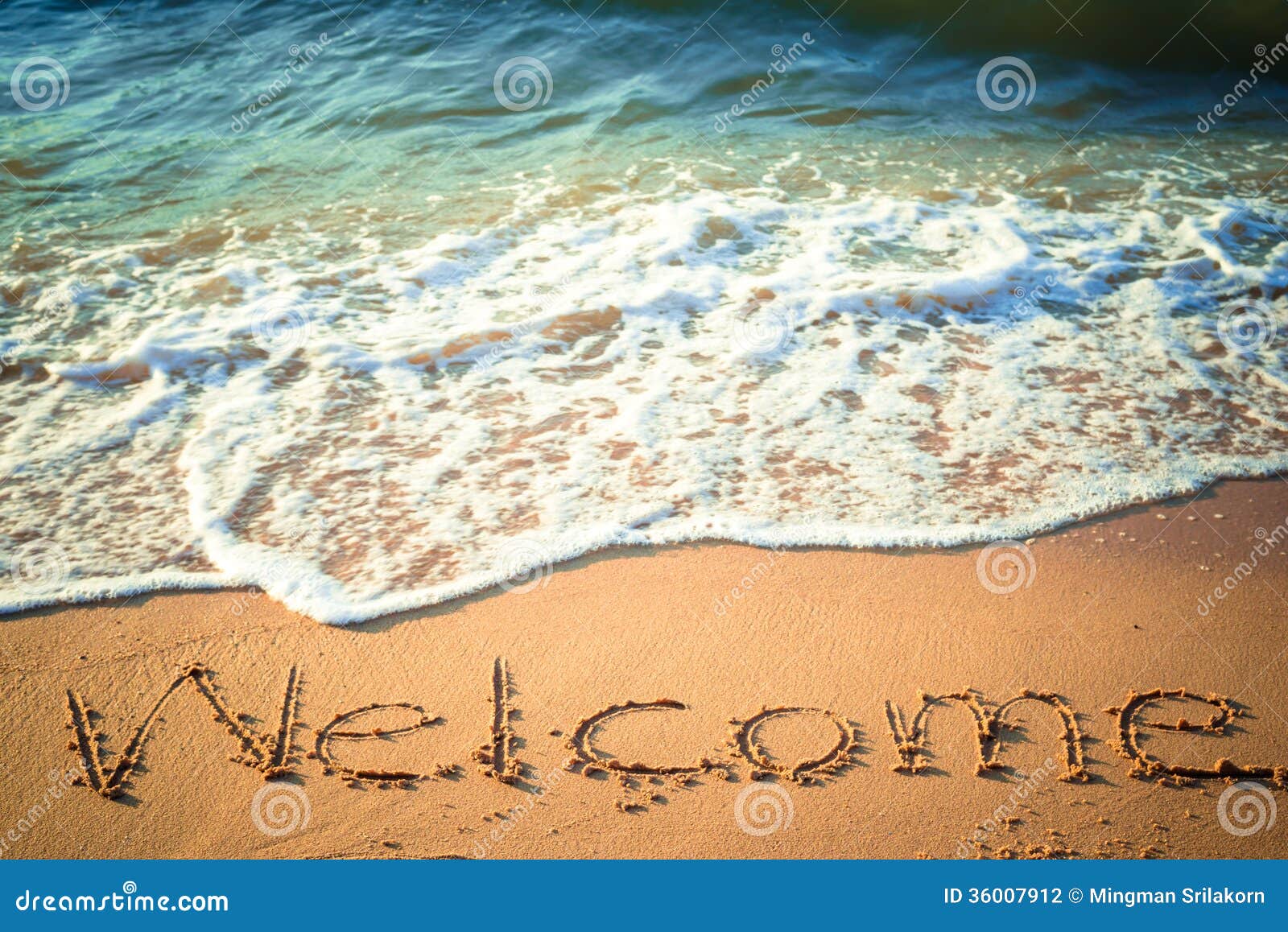 Writing Welcome on the Beach Stock Photo - Image of greeting, sand ...