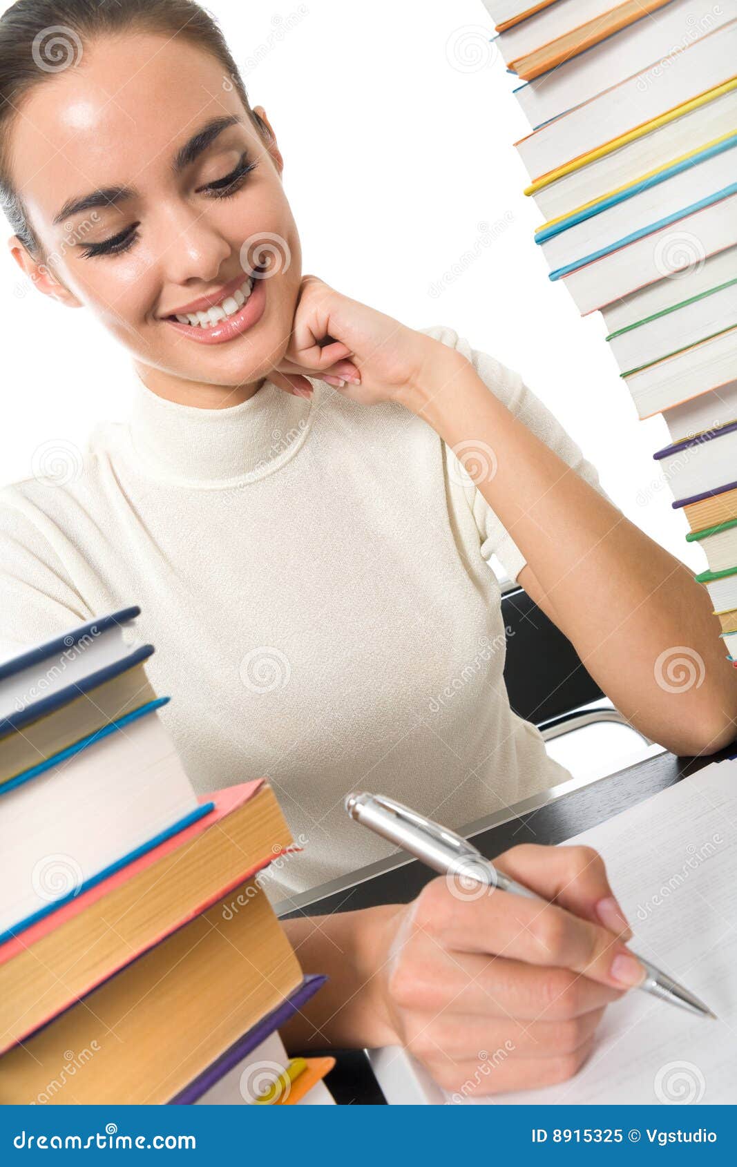 Writing Woman with Textbooks Stock Image - Image of beautiful, cheerful ...