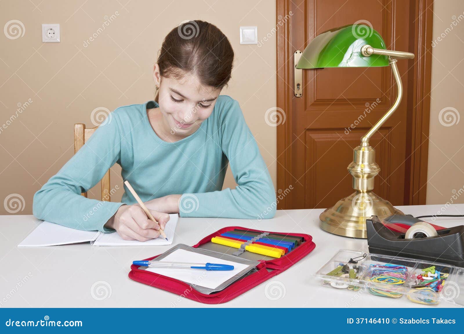 Writing Young Woman at Desk Stock Photo - Image of brown, facial: 37146410