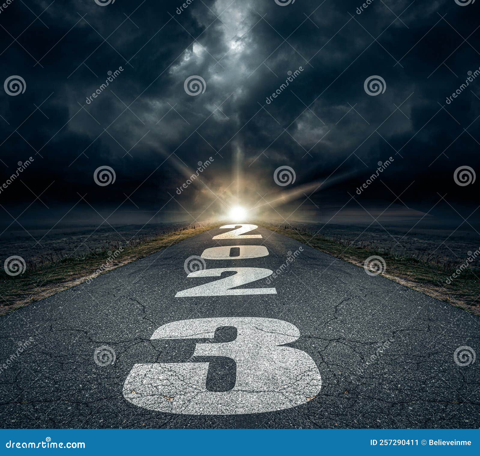 2023 Written on Highway Road in the Middle of Asphalt Road and Dark ...