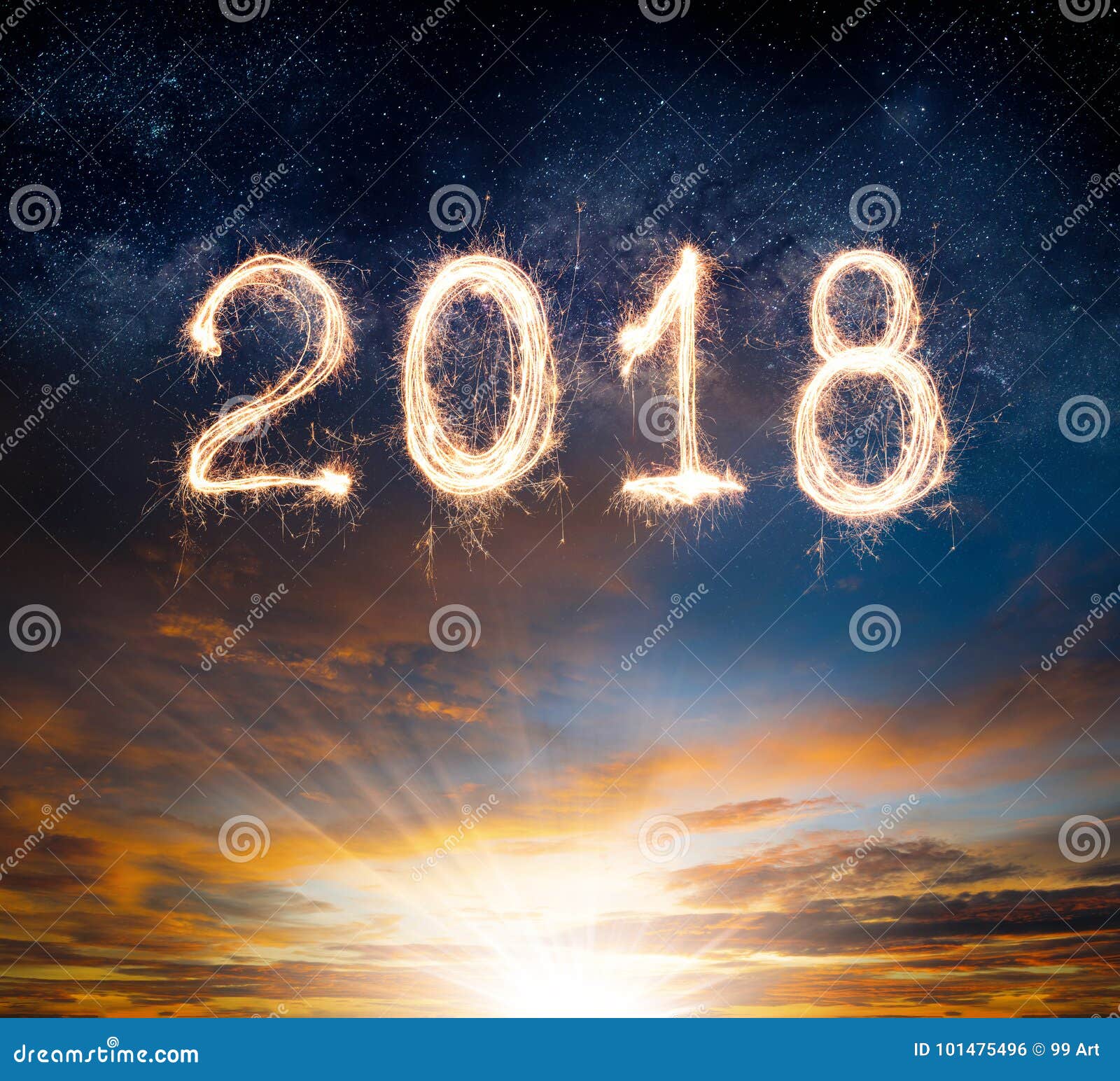2018 Written with Sparkle Firework on Sunset Sky Background ,2018 Happy ...