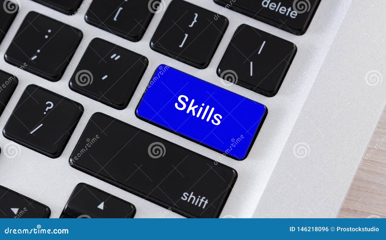 Written Word Skills on Blue Keyboard Button. Stock Photo - Image of ...