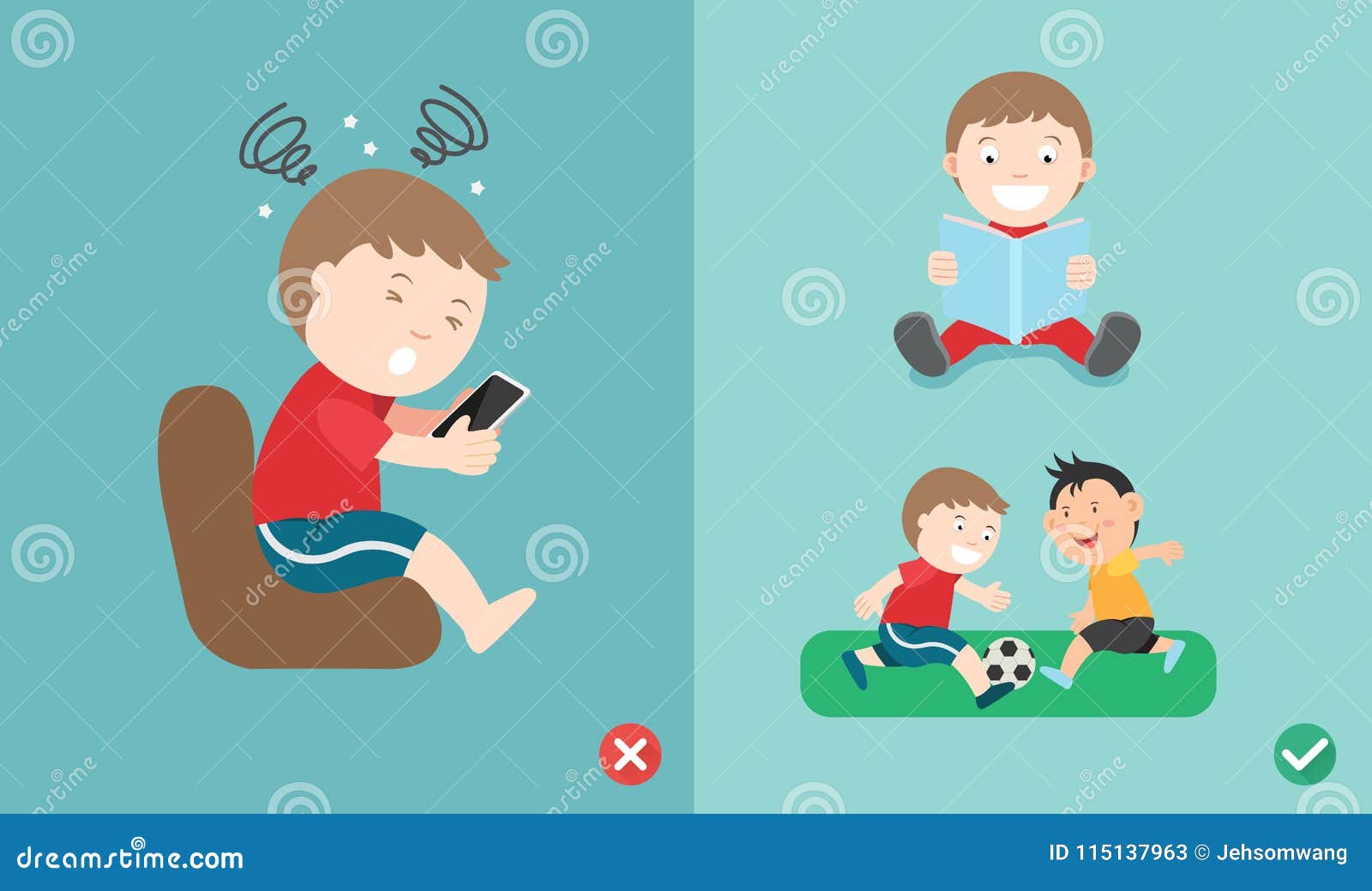 Wrong and Right Way for Kids Stop Using Smartphone Stock Vector ...