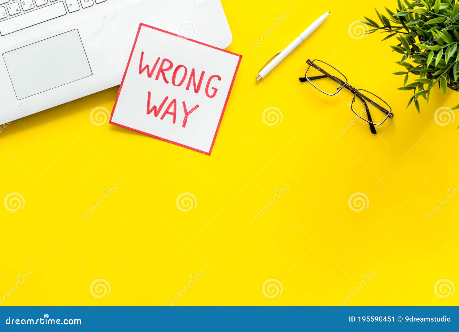 Wrong Way Icon on Office Desk - Yellow, Top View Copy Space Stock Image ...