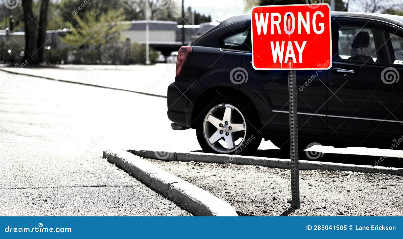 Wrong Way Parking Sign for Direction in Car Lot Stock Image - Image of ...