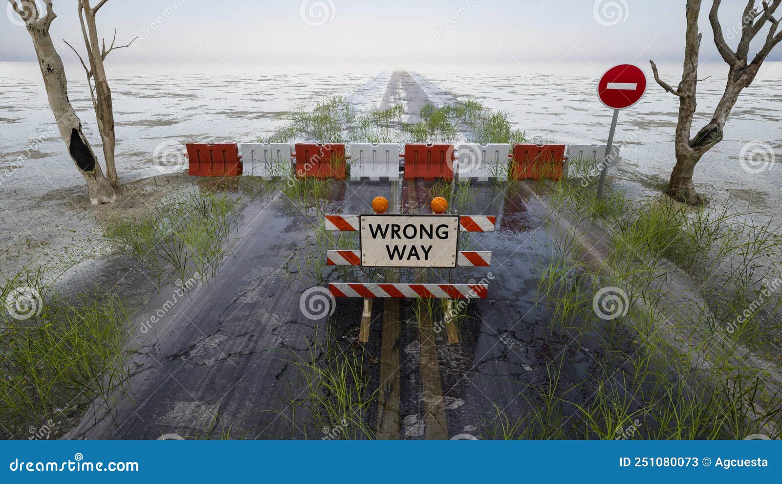 Wrong Way Sign in a Flooded Road, 3D Illustration Stock Illustration ...