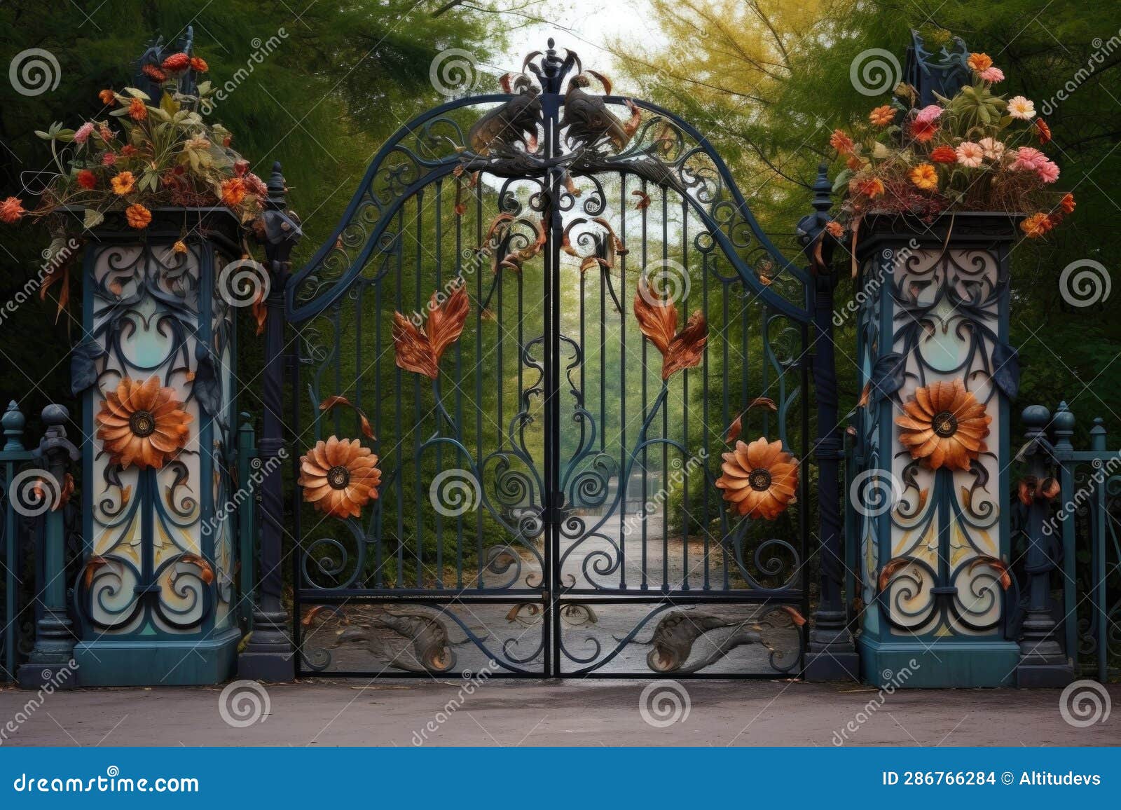 Wrought Iron Gate Adorned with Floral and Leaf Motifs Stock Photo ...
