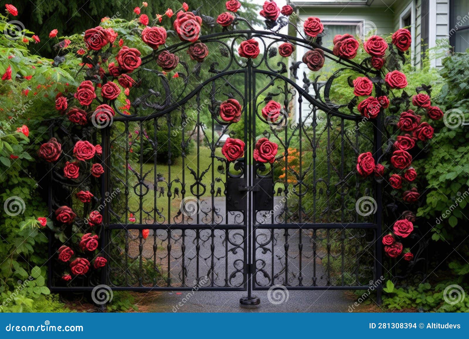 Wrought Iron Gate with Climbing Roses Stock Illustration - Illustration ...