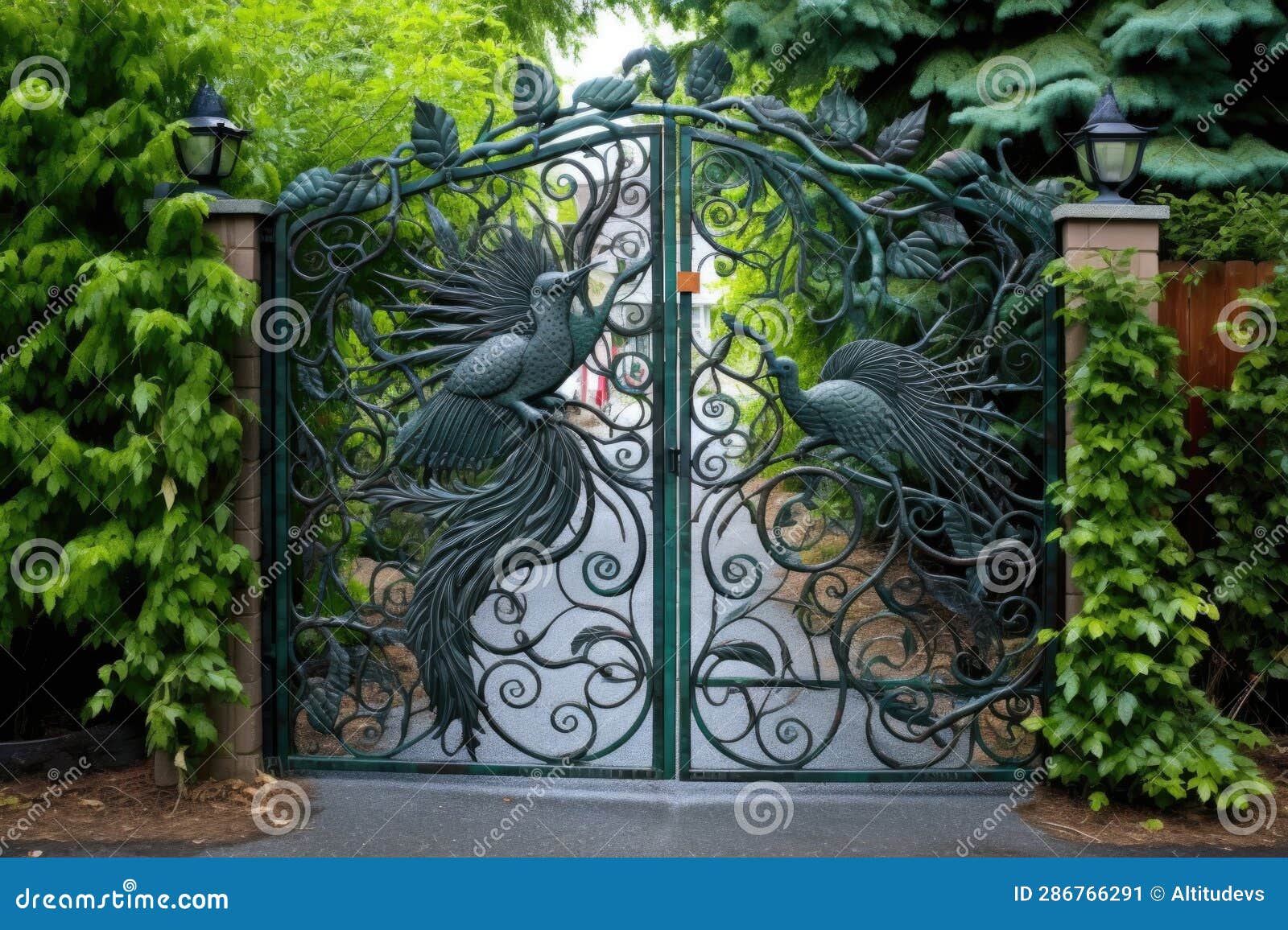 Wrought Iron Gate with Intricate Bird Design Stock Illustration ...