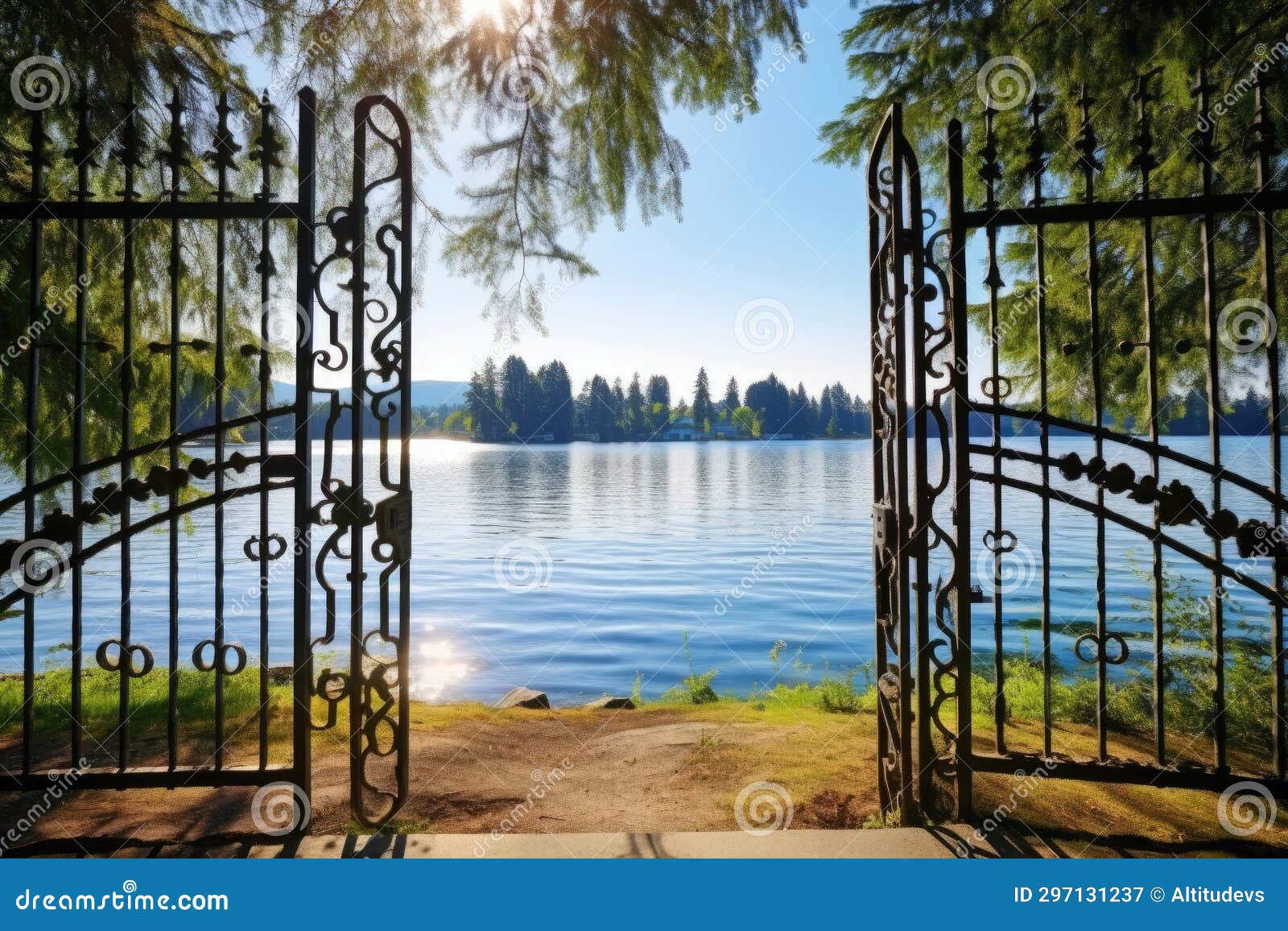 Wrought Iron Gate Opening To a Lake View Stock Image - Image of ...
