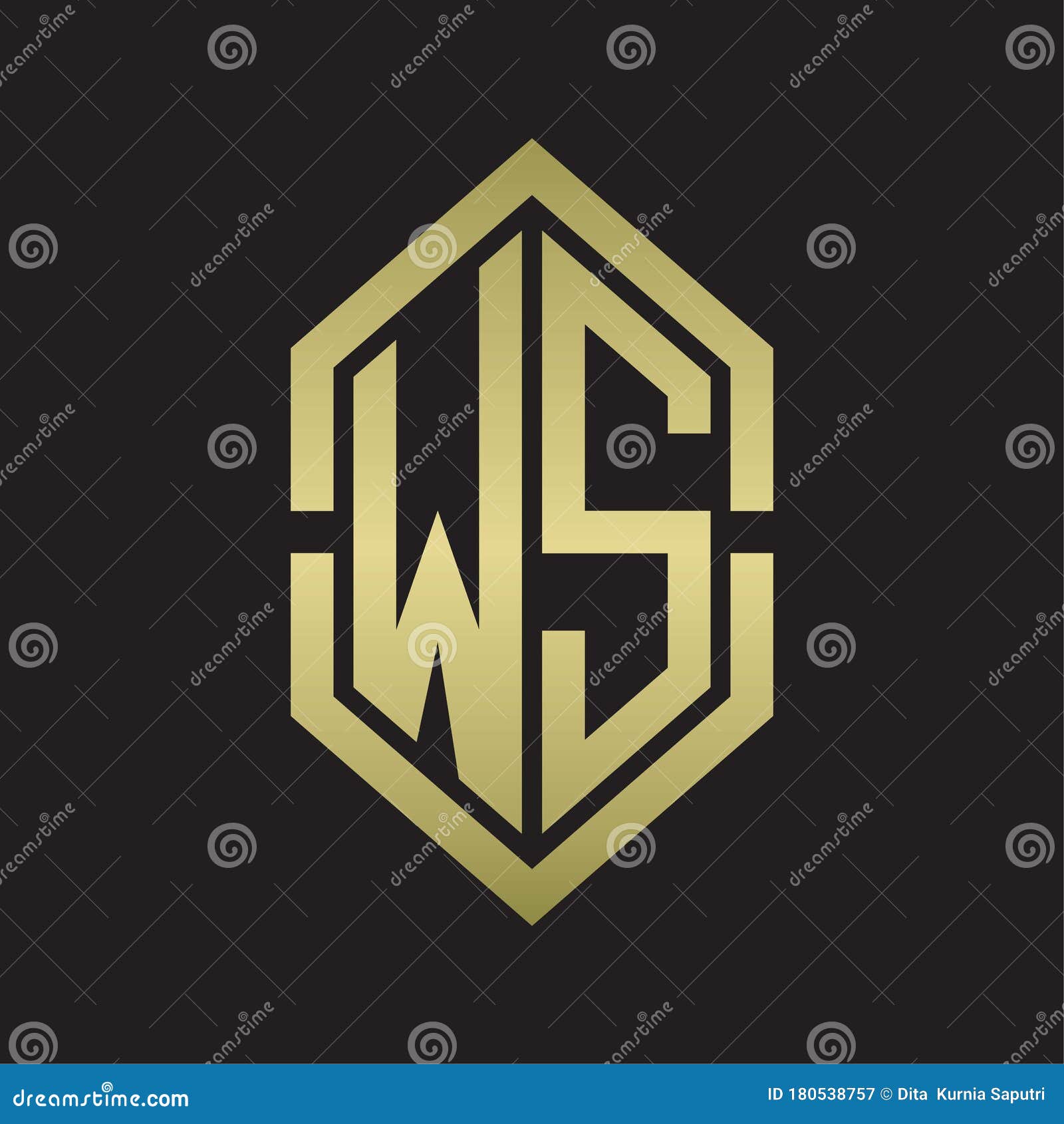 WS Logo Monogram with Hexagon Shape and Outline Slice Style with Gold ...