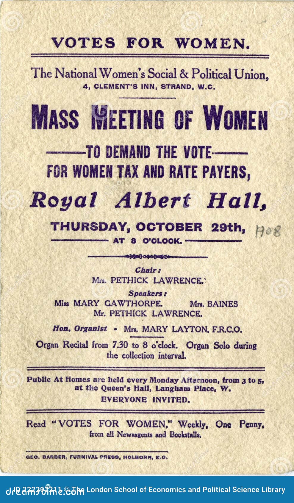 WSPU Leaflet At The Royal Albert Hall, 29 October 1908 Picture. Image ...
