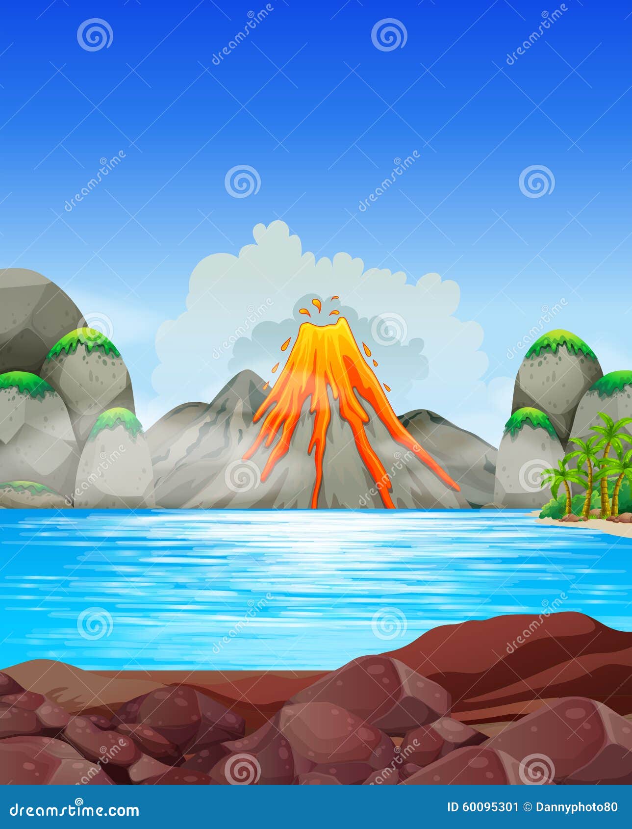 Wulkan Erupcja Przy Jeziorem Ilustracja Wektor - Ilustracja złożonej z ...