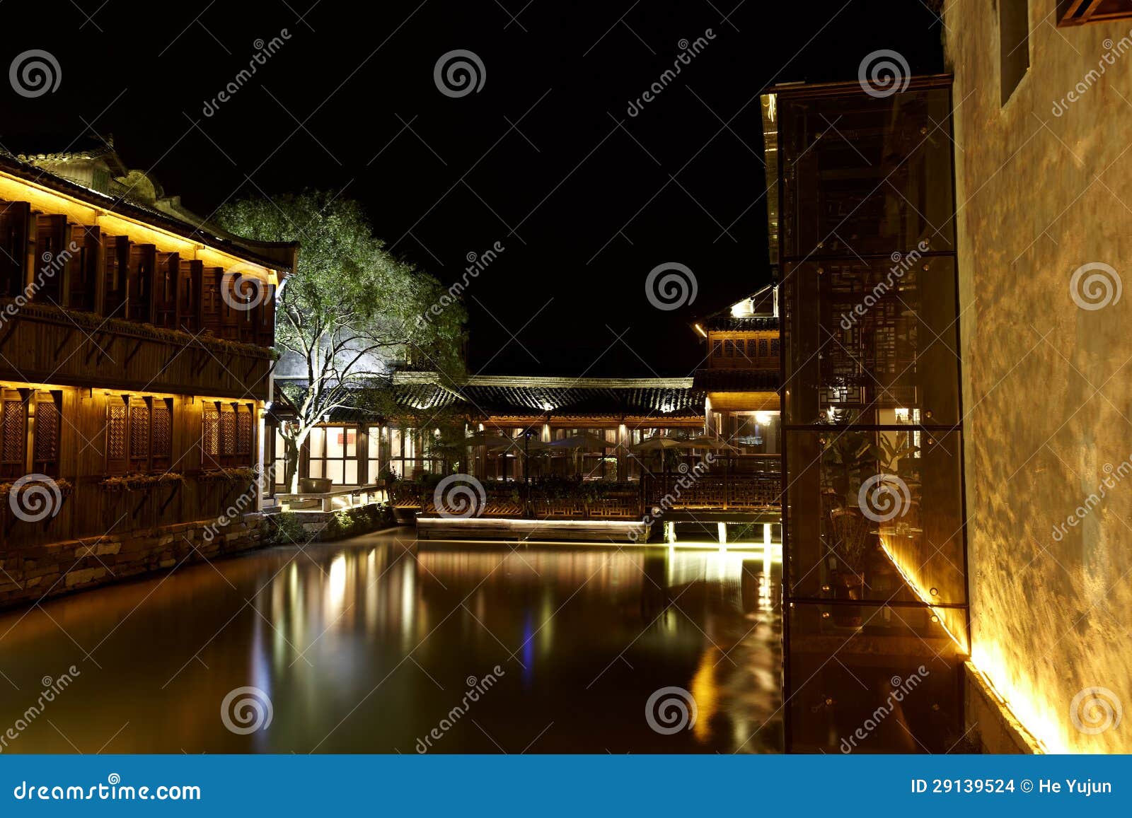 Wuzhen Town at Night stock photo. Image of benches, reflection - 29139524