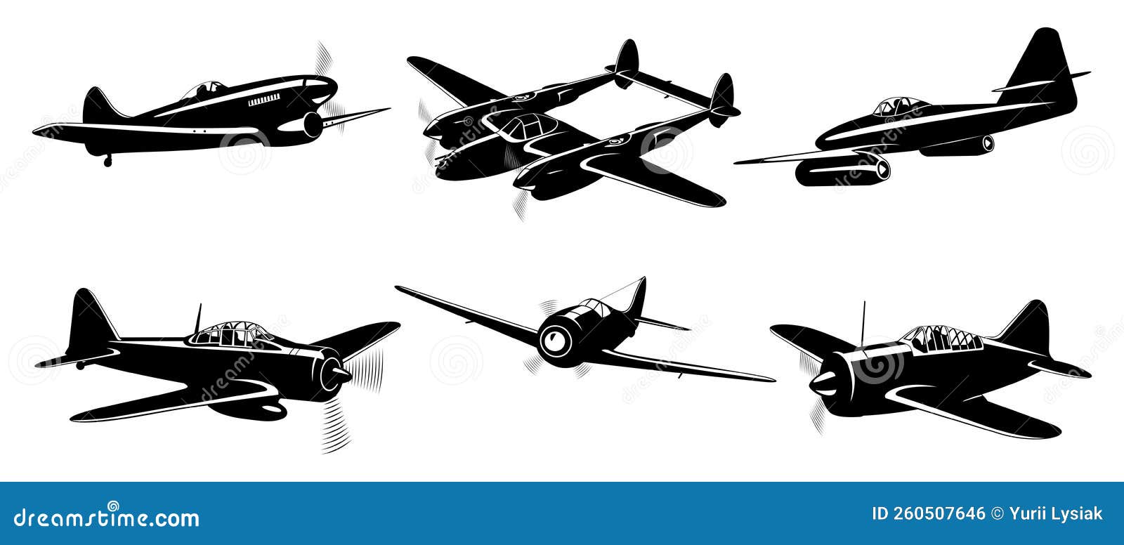 WWII Fighter Planes Silhouettes Collection Isolited on White. Second ...