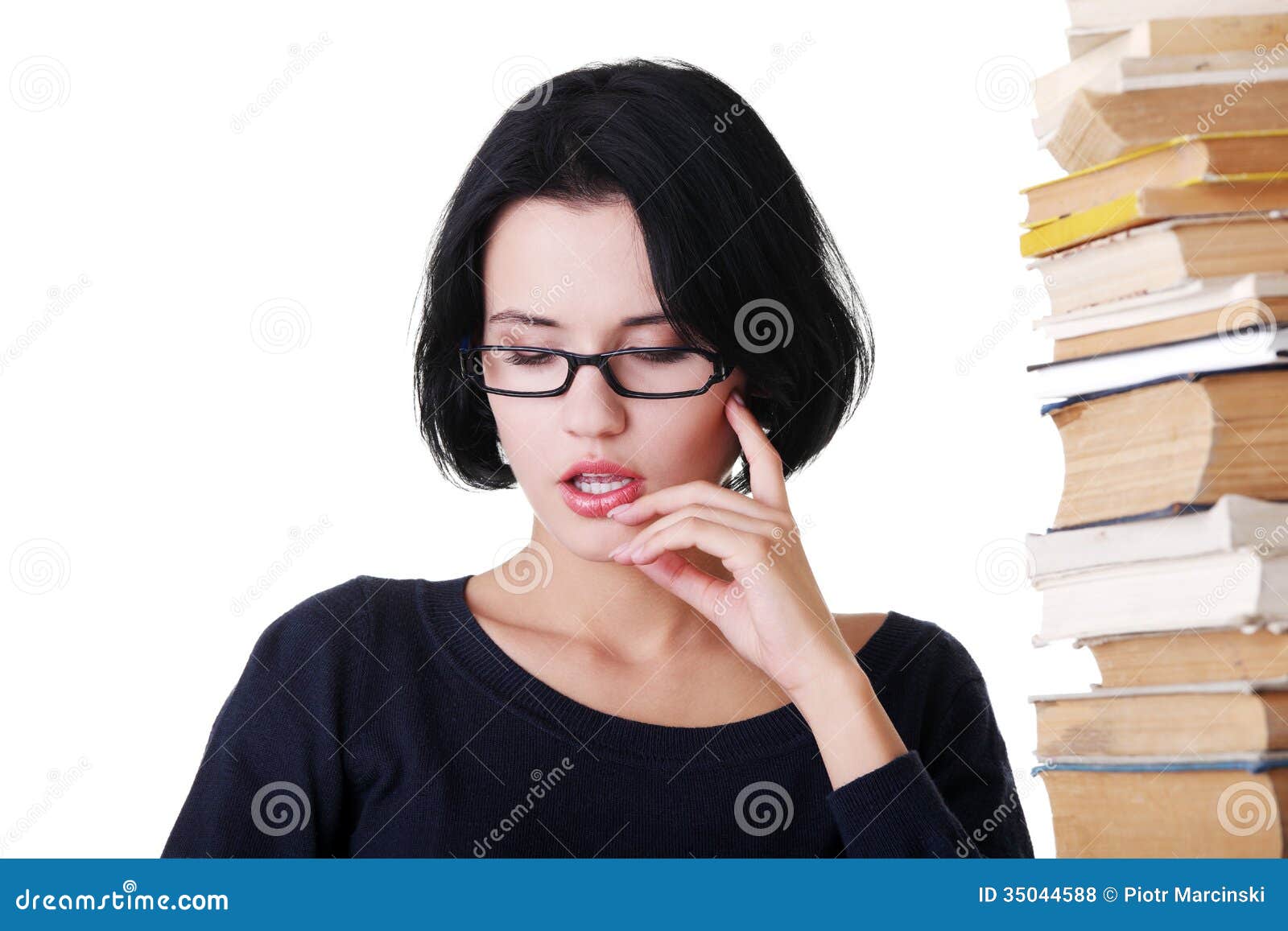 Wwomen in Eyeglasses by Stack of Books. Stock Photo - Image of college ...