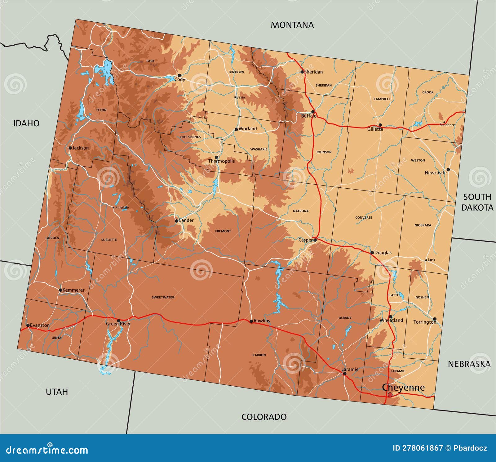 Detailed Wyoming Physical Map with Labeling. Stock Vector ...