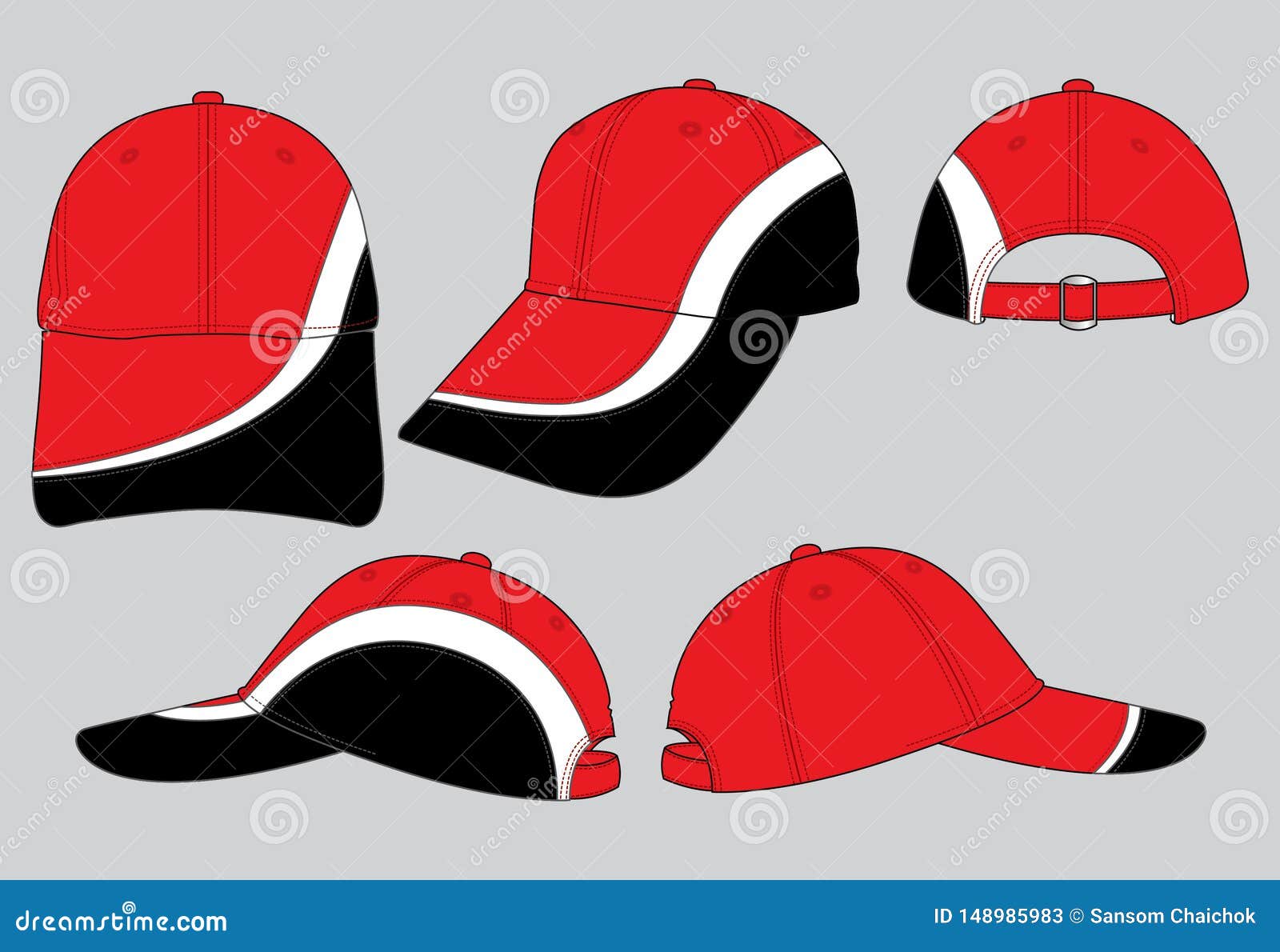 Sport Red-White-Black Baseball Cap with Curve Trim Style Design Vector ...
