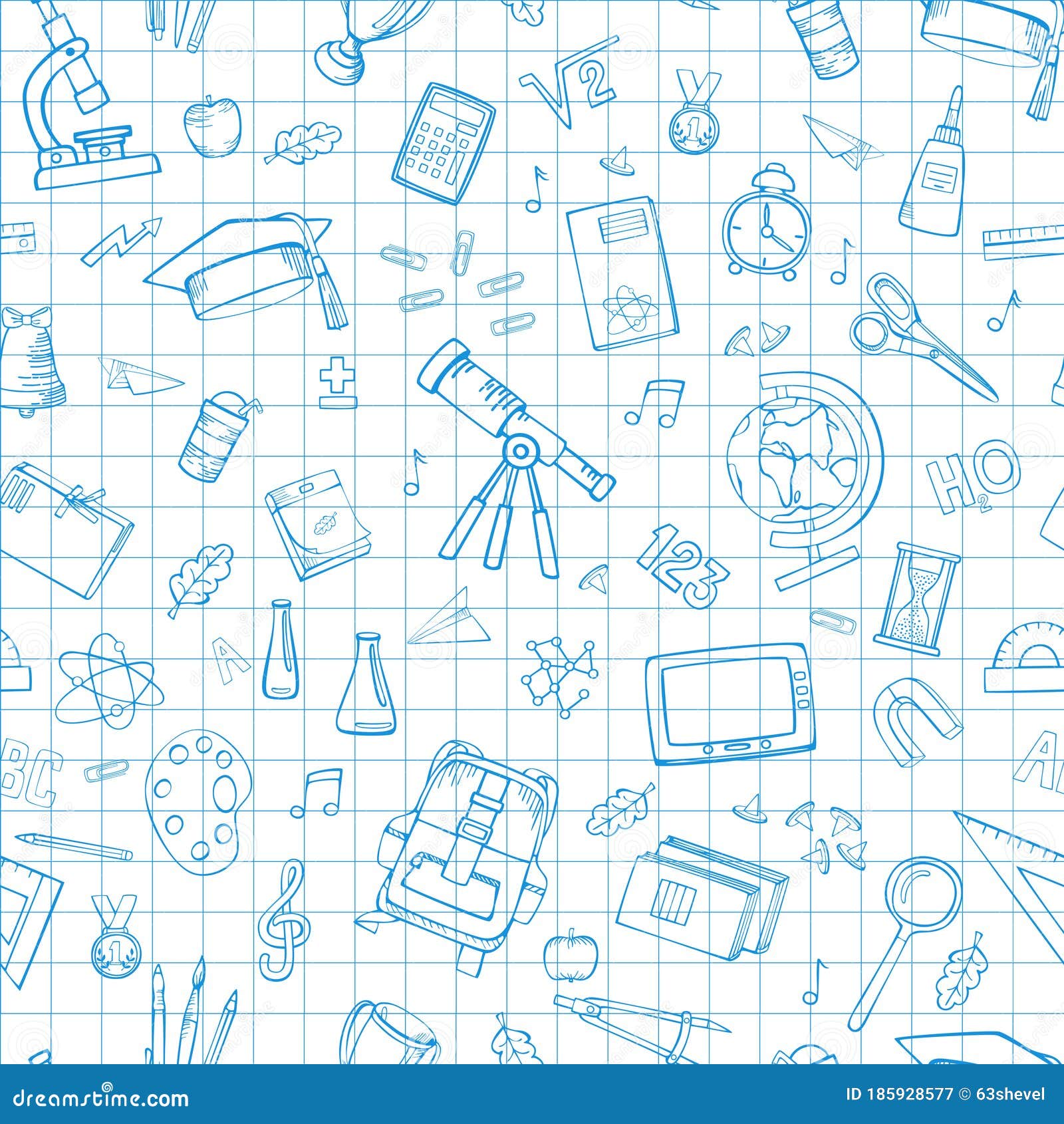 School Supplies. Linear Cartoon Drawings on a Squared Sheet from a ...