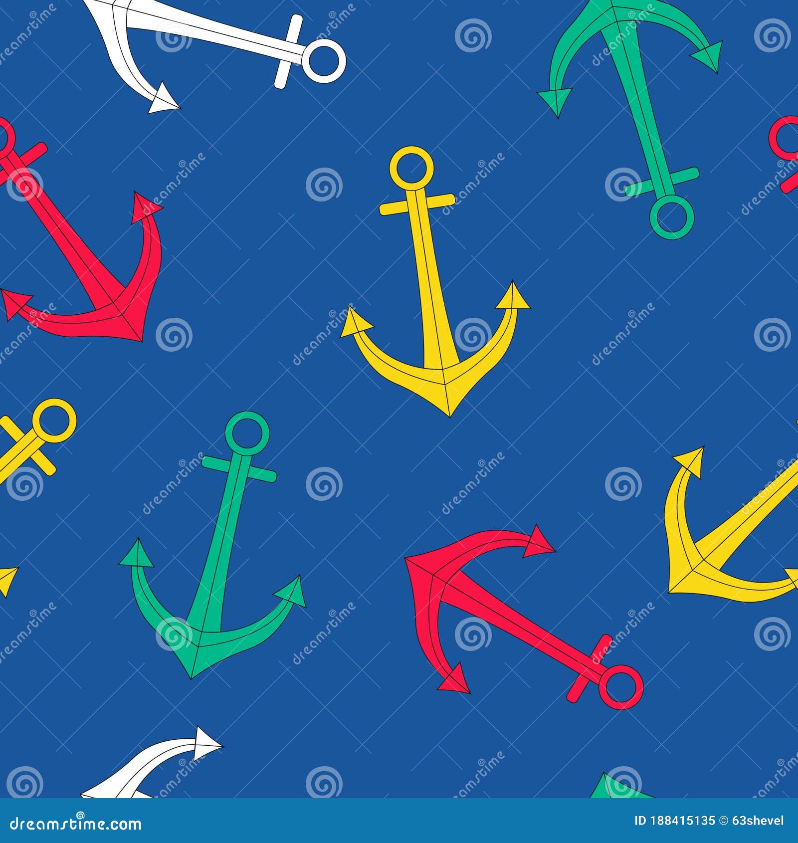 Colored Ship Anchors. Seamless Bright Vector Pattern on a Blue ...