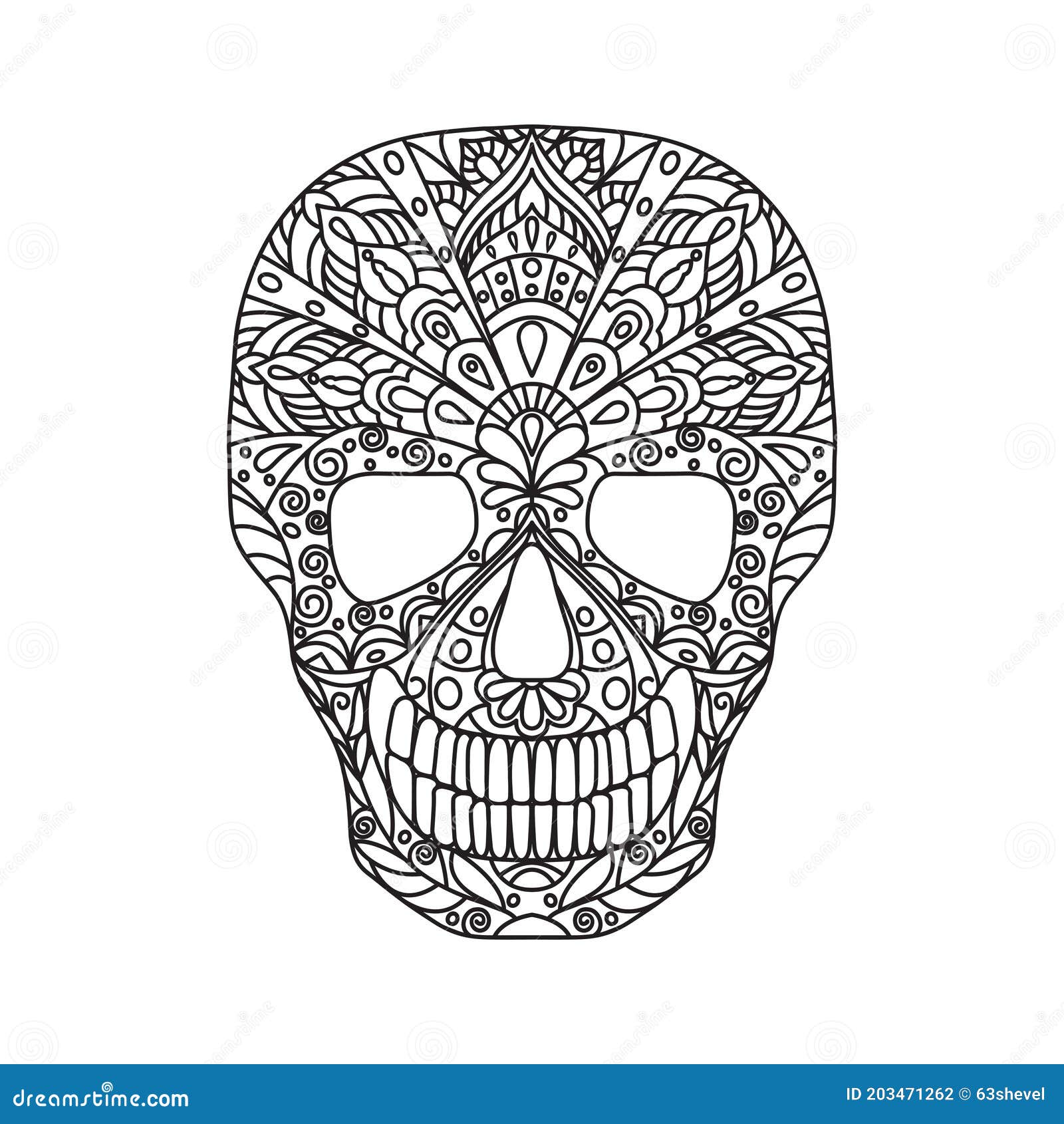 Skull. Black Line Vector Illustration in Doodling Style Isolated on ...