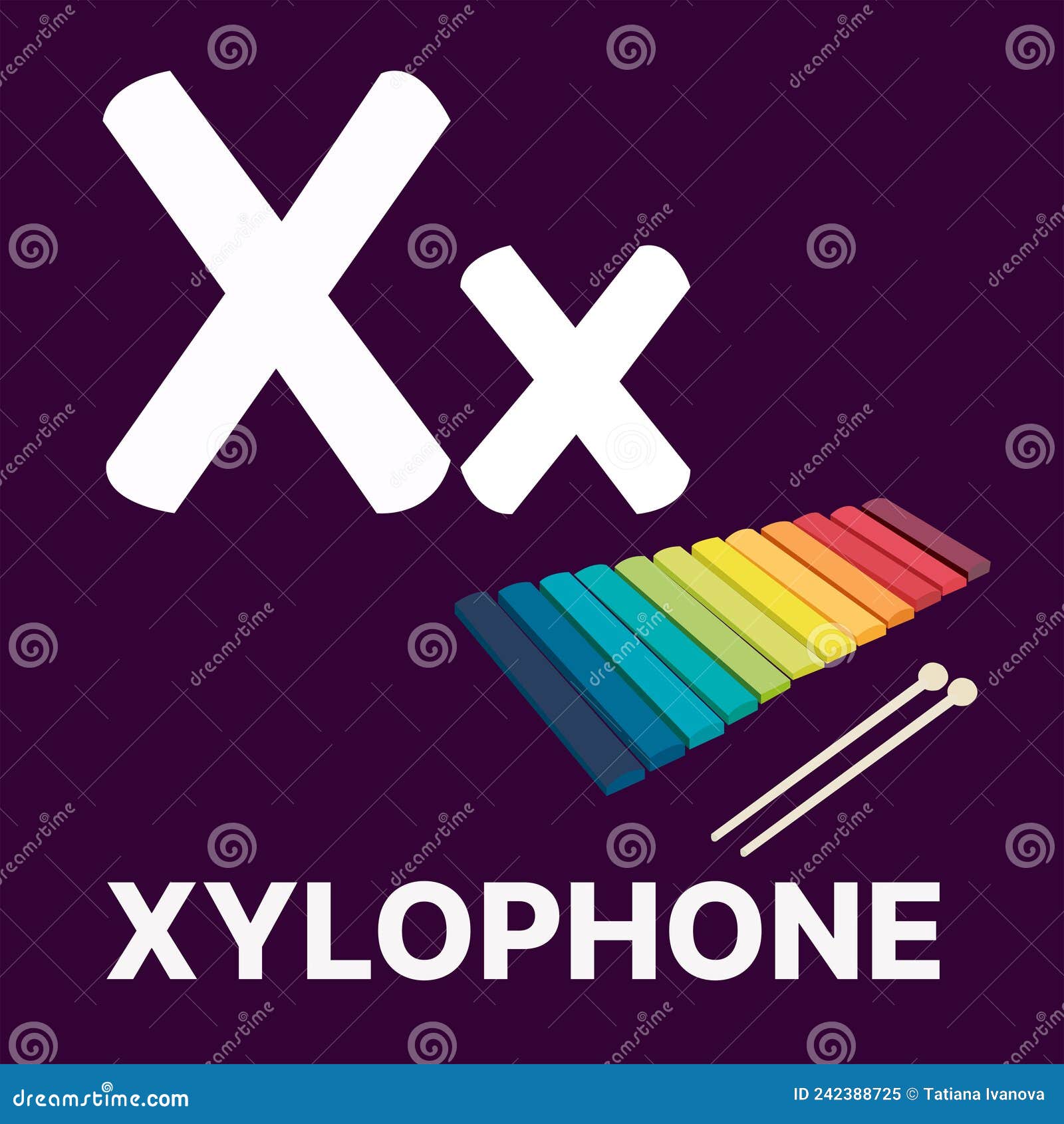 X for Xylophone. Educational Alphabet Card Cartoon Character for Kids ...