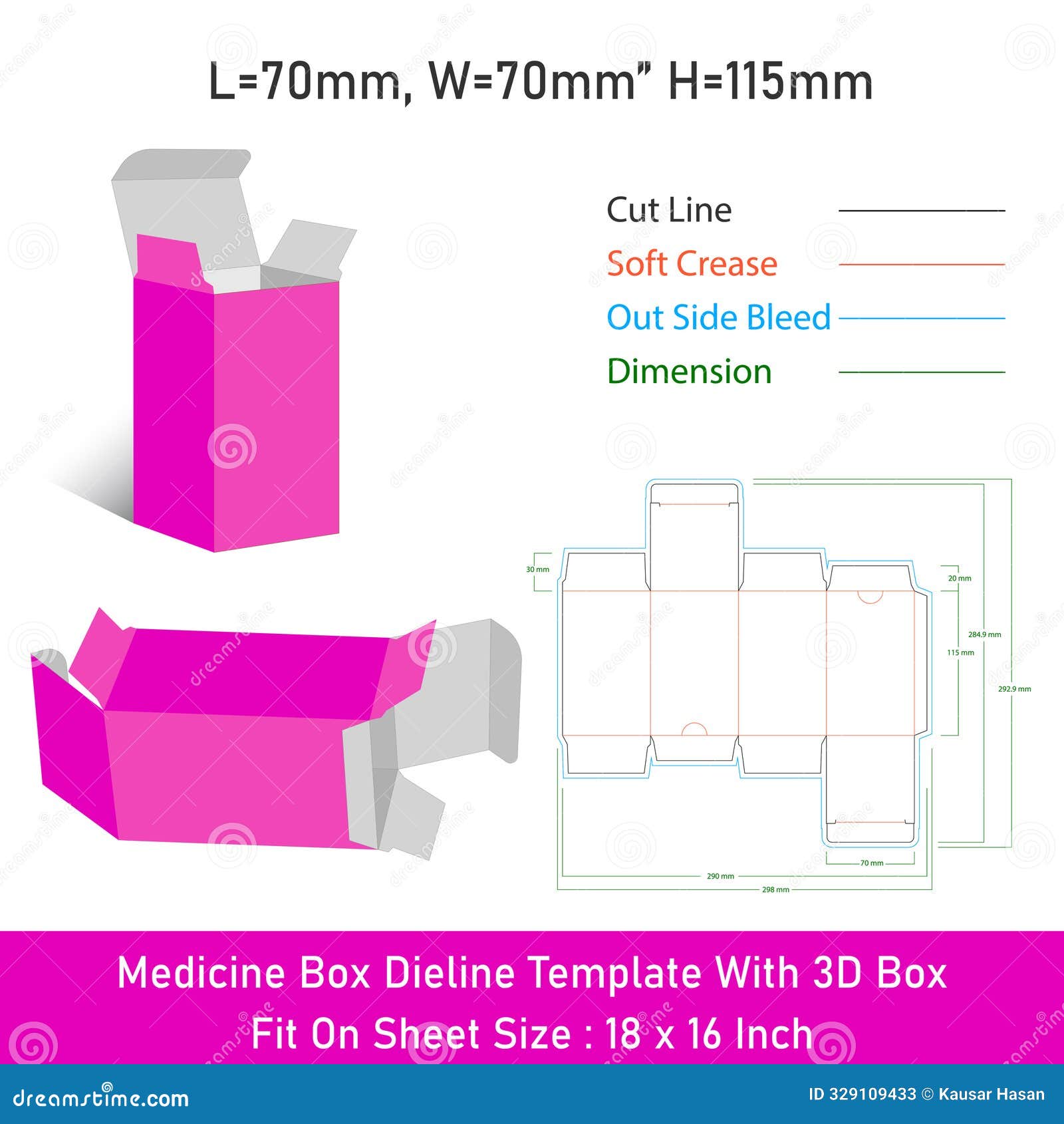 Medicine Box Dieline Template and 3D Box Stock Vector - Illustration of ...
