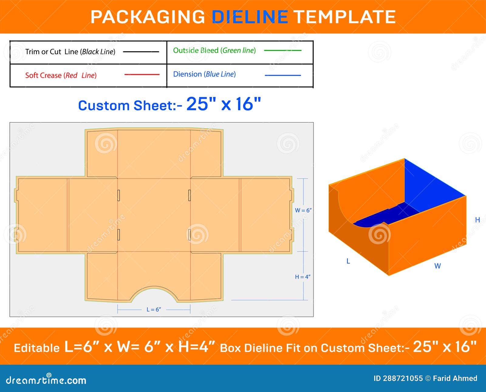 6x6x4 Inch Standard Tray Box Dieline Template Stock Illustration ...