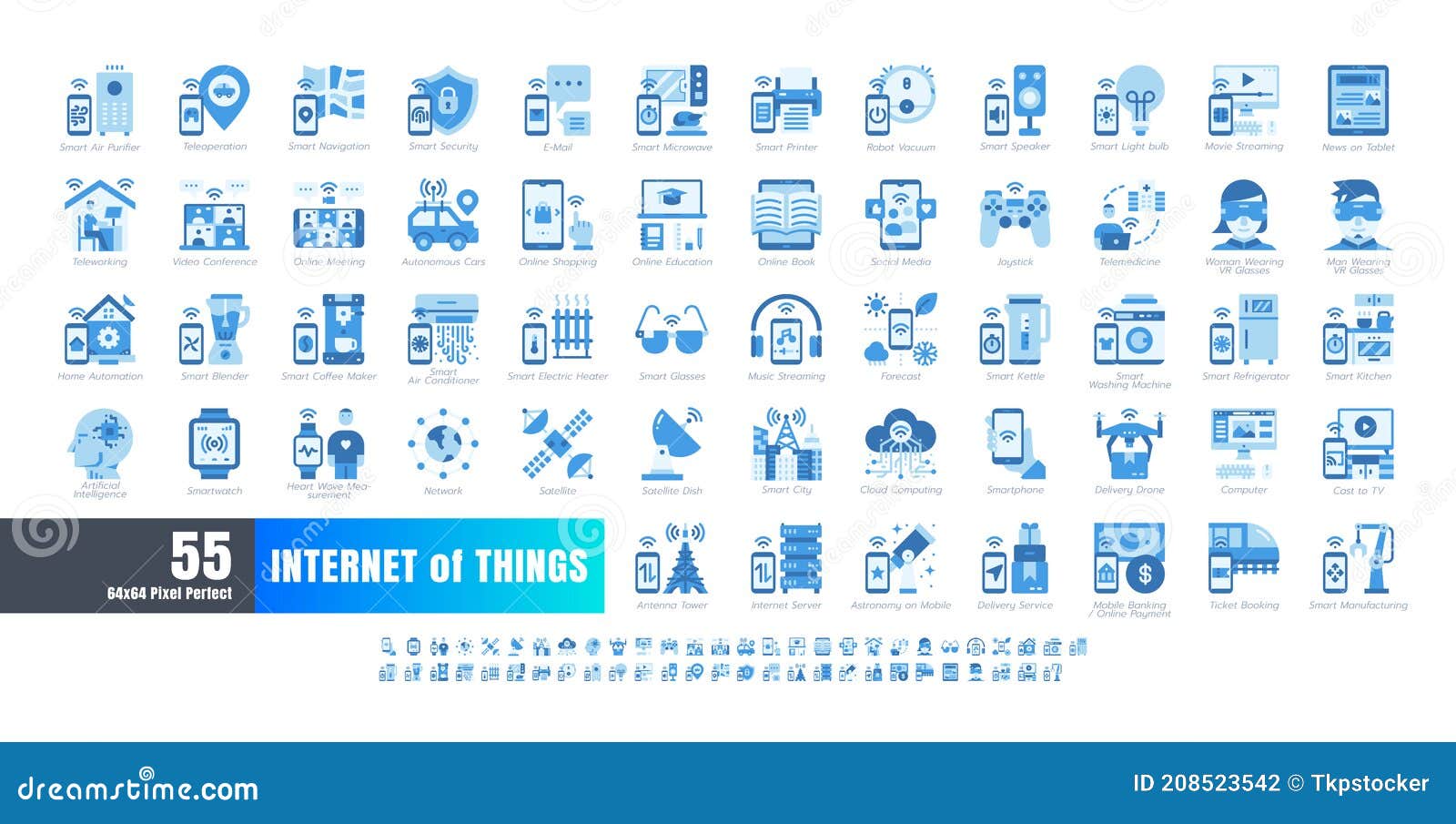 64x64 Pixel Perfect. Internet of Things IOT. Flat Monochrome Blue Icons ...