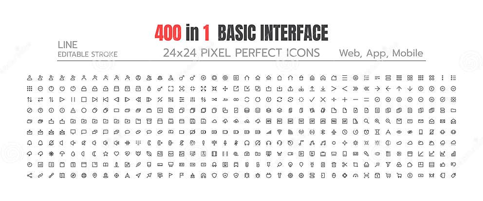 24x24 Pixels Perfect User Interface Basic Simple Set Thin Line Icons ...