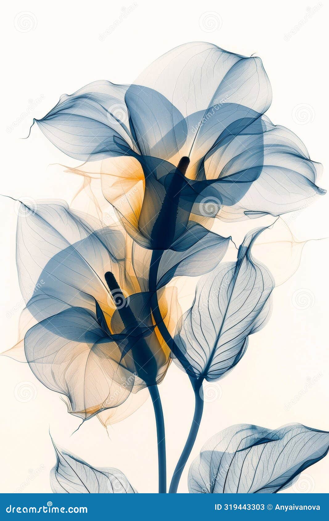 X-ray Blue Calla Lilies in Artistic Botanical Illustration Stock Image ...