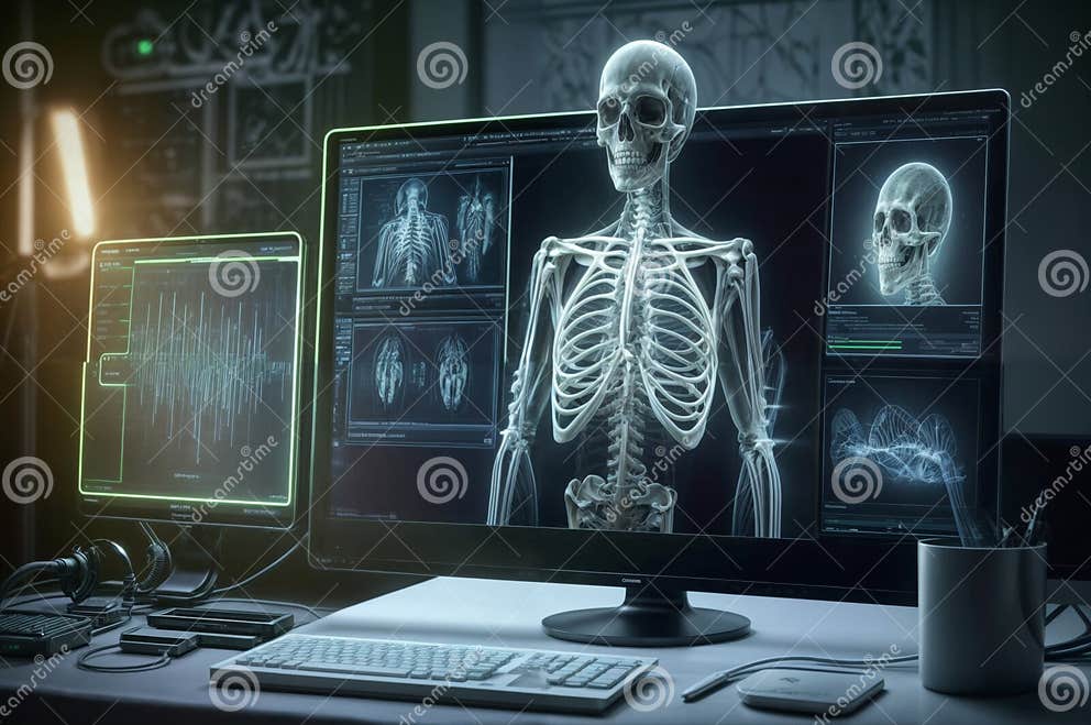 X-ray Image of Human Skeleton on Computer Screen. 3d Rendering Stock ...