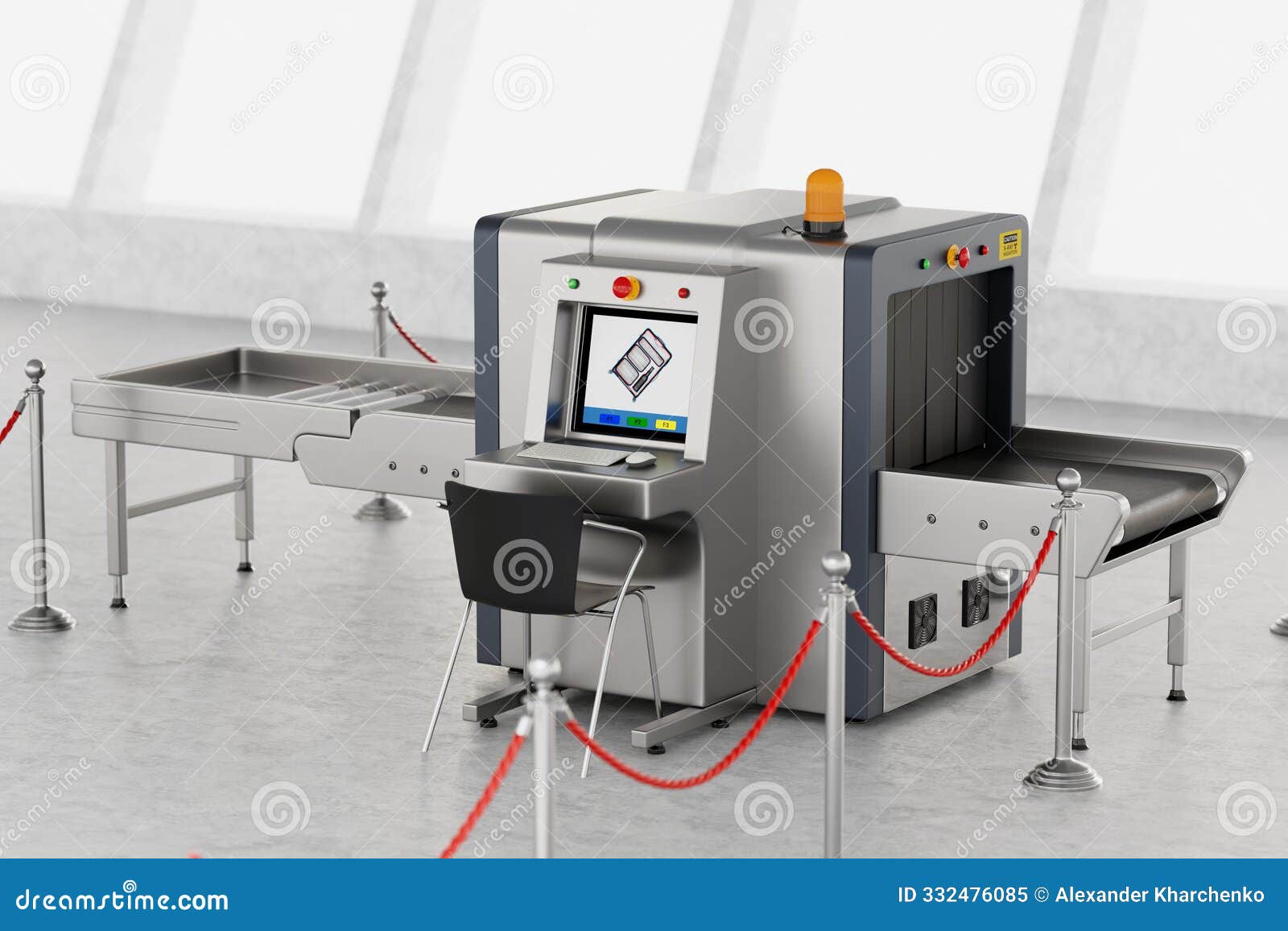 X-ray Security Baggage Scanner in Airport Terminal Interior. 3d ...