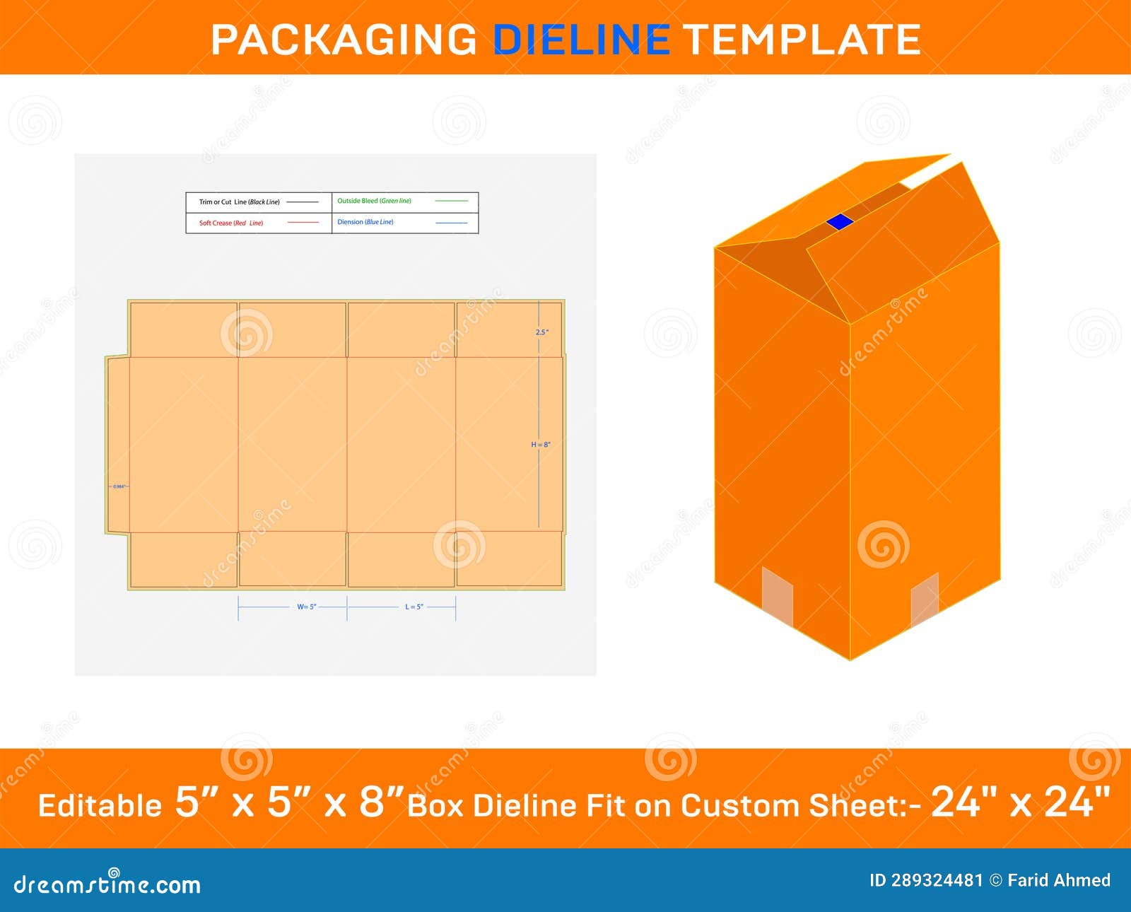 5x5x8 Regular Slotted Container RSC Box, Dieline Template Stock Vector ...