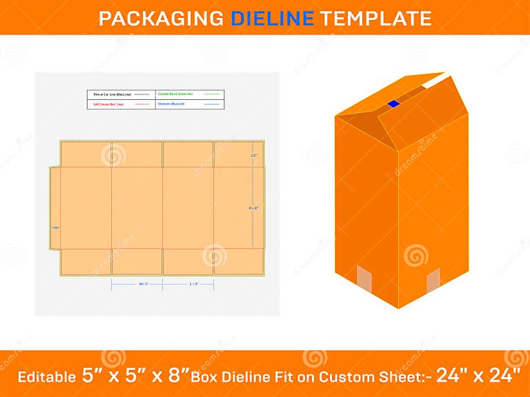 5x5x8 Regular Slotted Container RSC Box, Dieline Template Stock ...