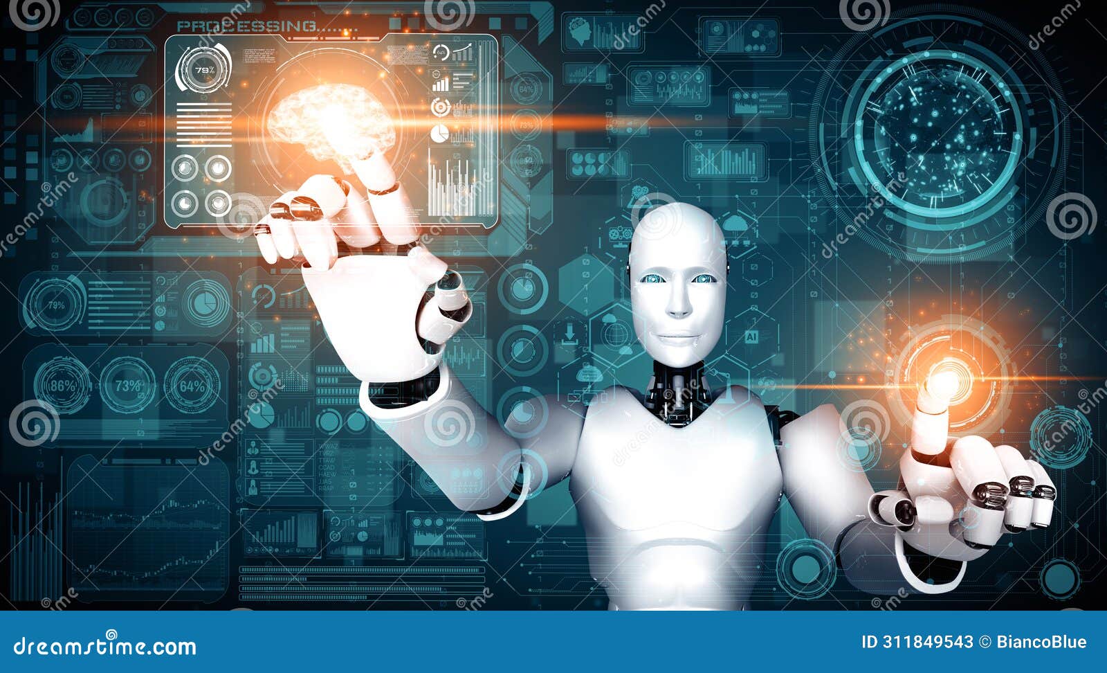 XAI AI Humanoid Robot Touching Virtual Hologram Screen Showing Concept of Big Data Stock ...