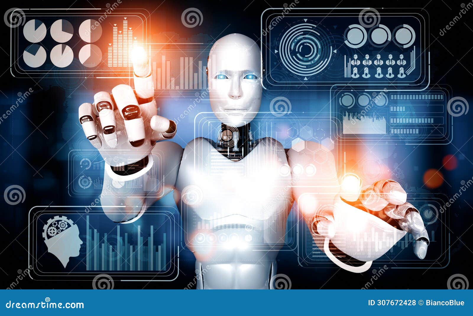 XAI AI Humanoid Robot Touching Virtual Hologram Screen Showing Concept of Big Data Stock ...
