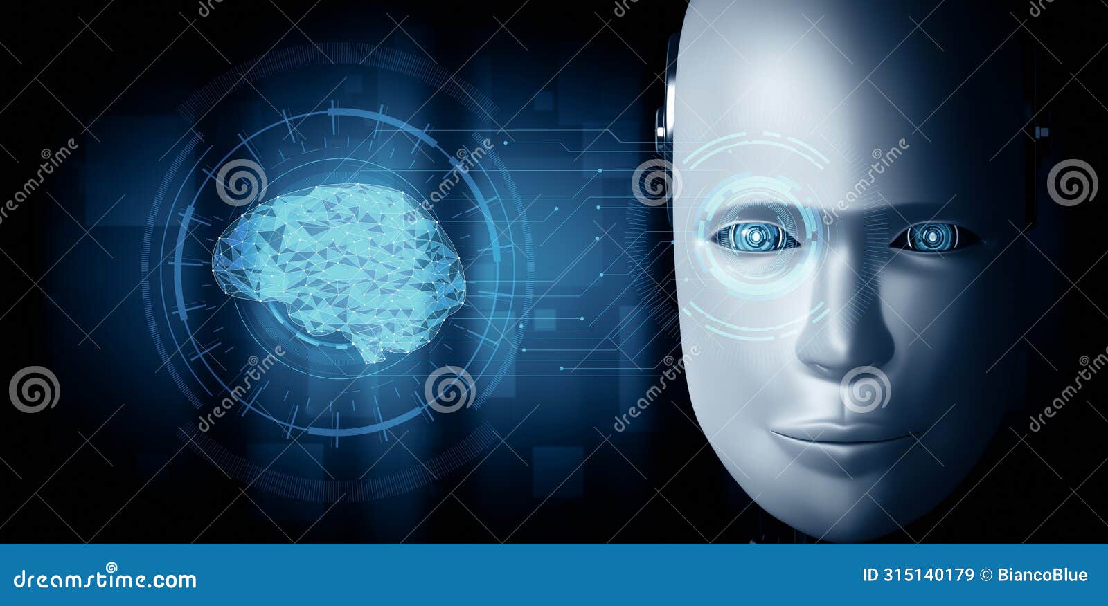 XAI Robot Humanoid Face Close Up with Graphic Concept of AI Thinking ...