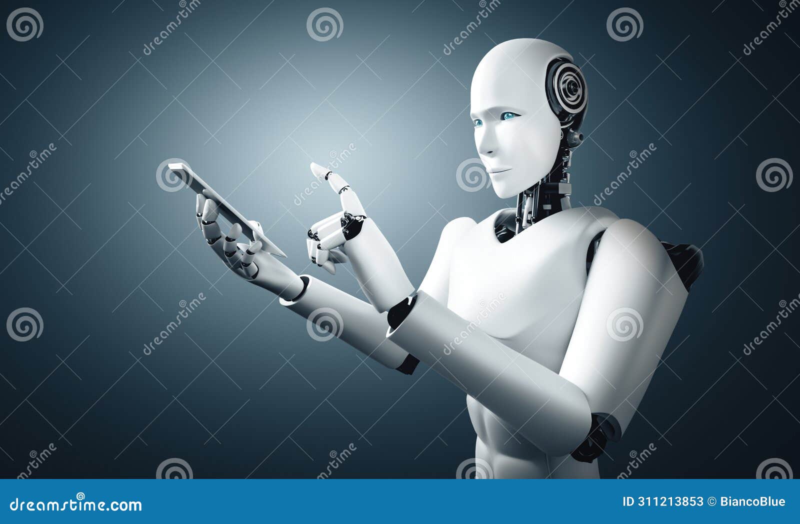 XAI Robot Humanoid Use Mobile Phone or Tablet in Future Office Stock ...