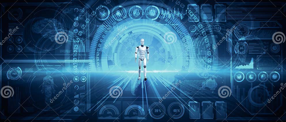 Xai 3d Rendering Robot Humanoid Analyzing Big Data Using Ai Thinking Stock Illustration