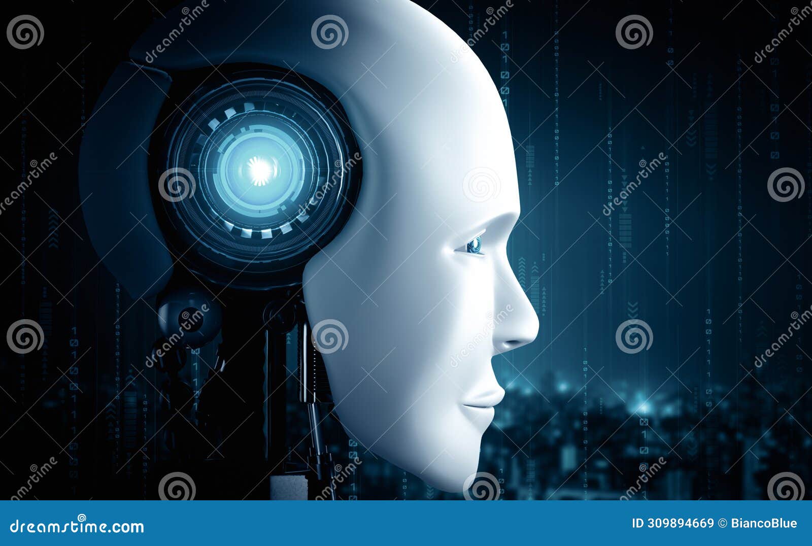 XAI Robot Humanoid Face Close Up with Graphic Concept of AI Thinking ...