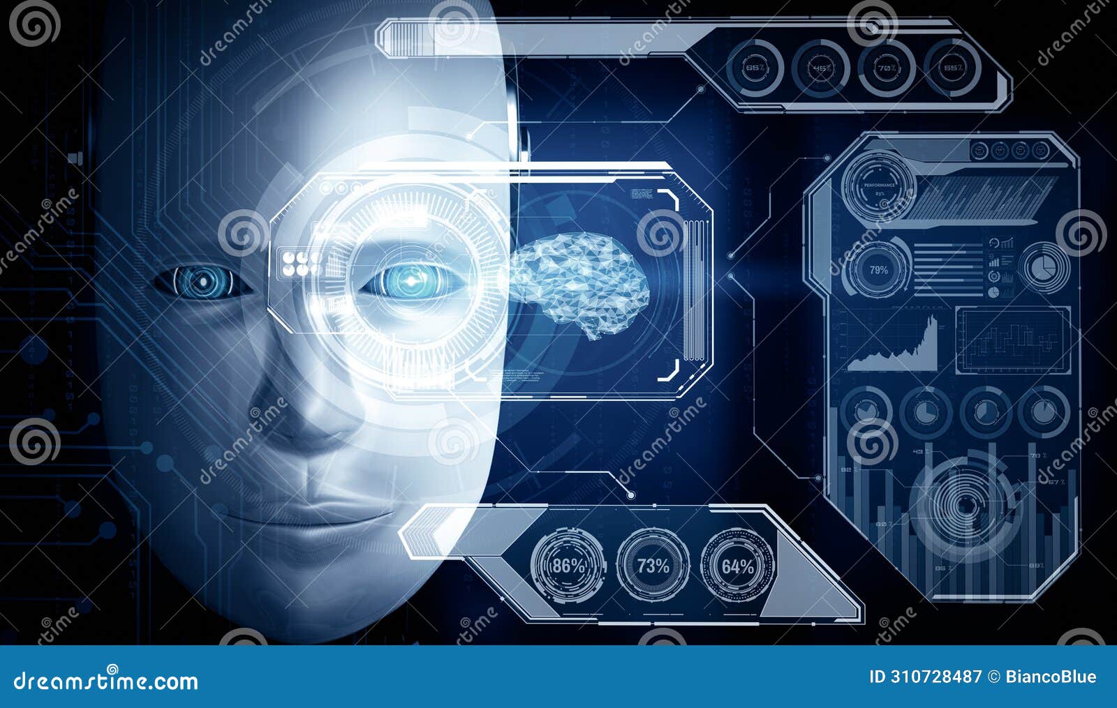 XAI Robot Humanoid Face Close Up with Graphic Concept of Big Data ...
