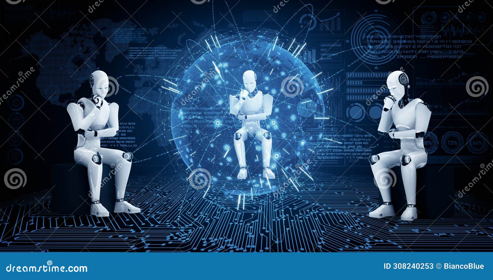 XAI Thinking AI Humanoid Robot Analyzing Hologram Screen Shows Concept ...