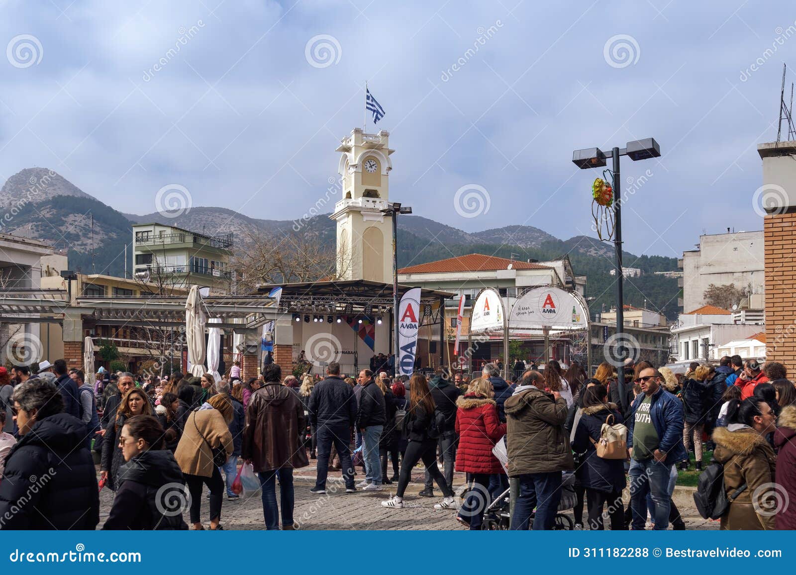 Xanthi, Greece Main Square with Clock and Large Crowd during the ...