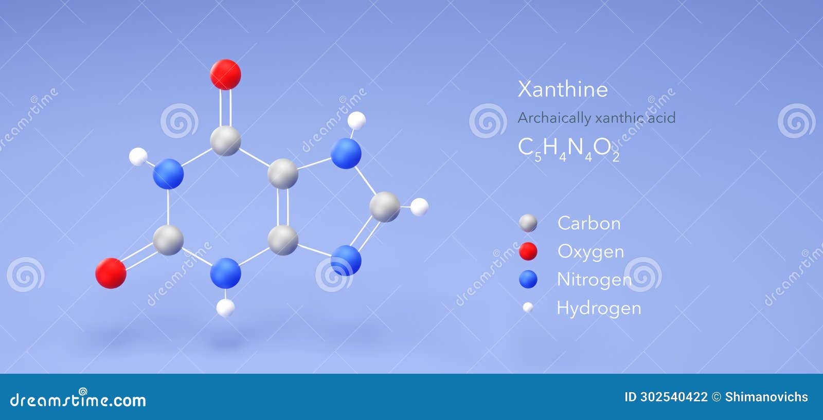 Xanthine Molecule, Molecular Structures, Archaically Xanthic Acid, 3d ...