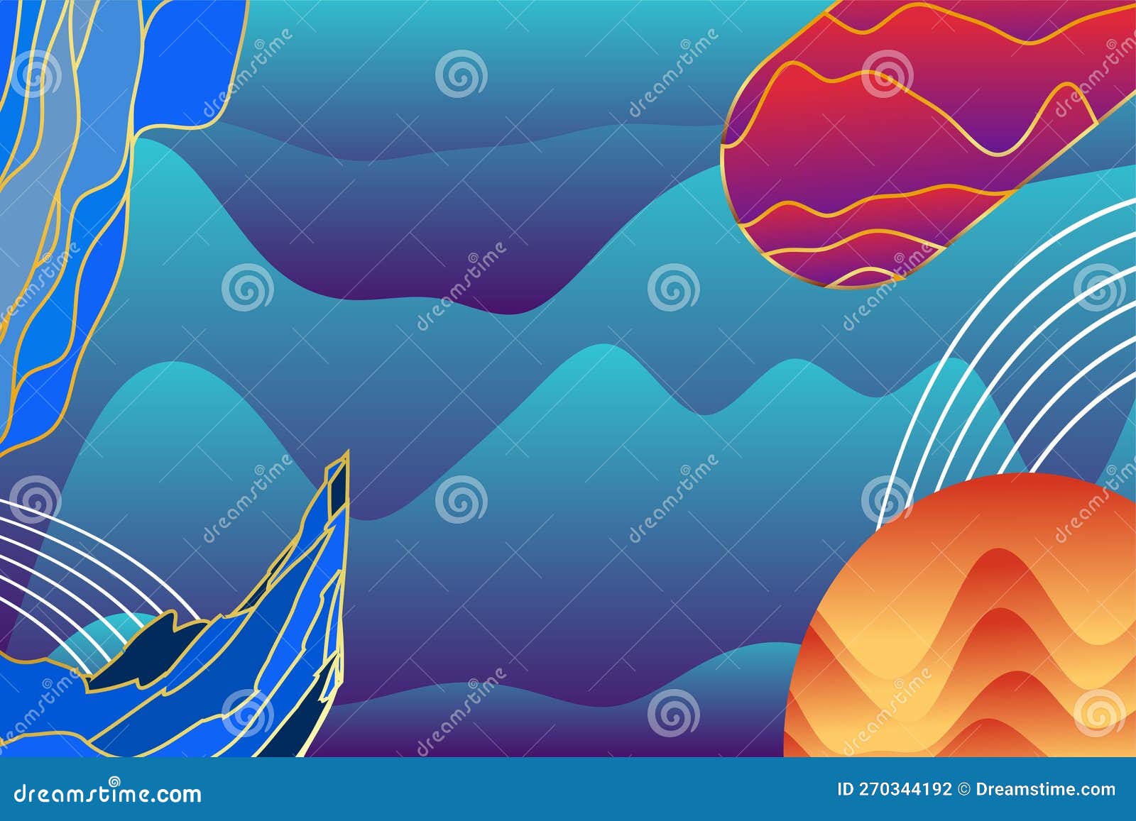 Abstract Background with Gradient Waves and Ornamental Shapes Overlays ...