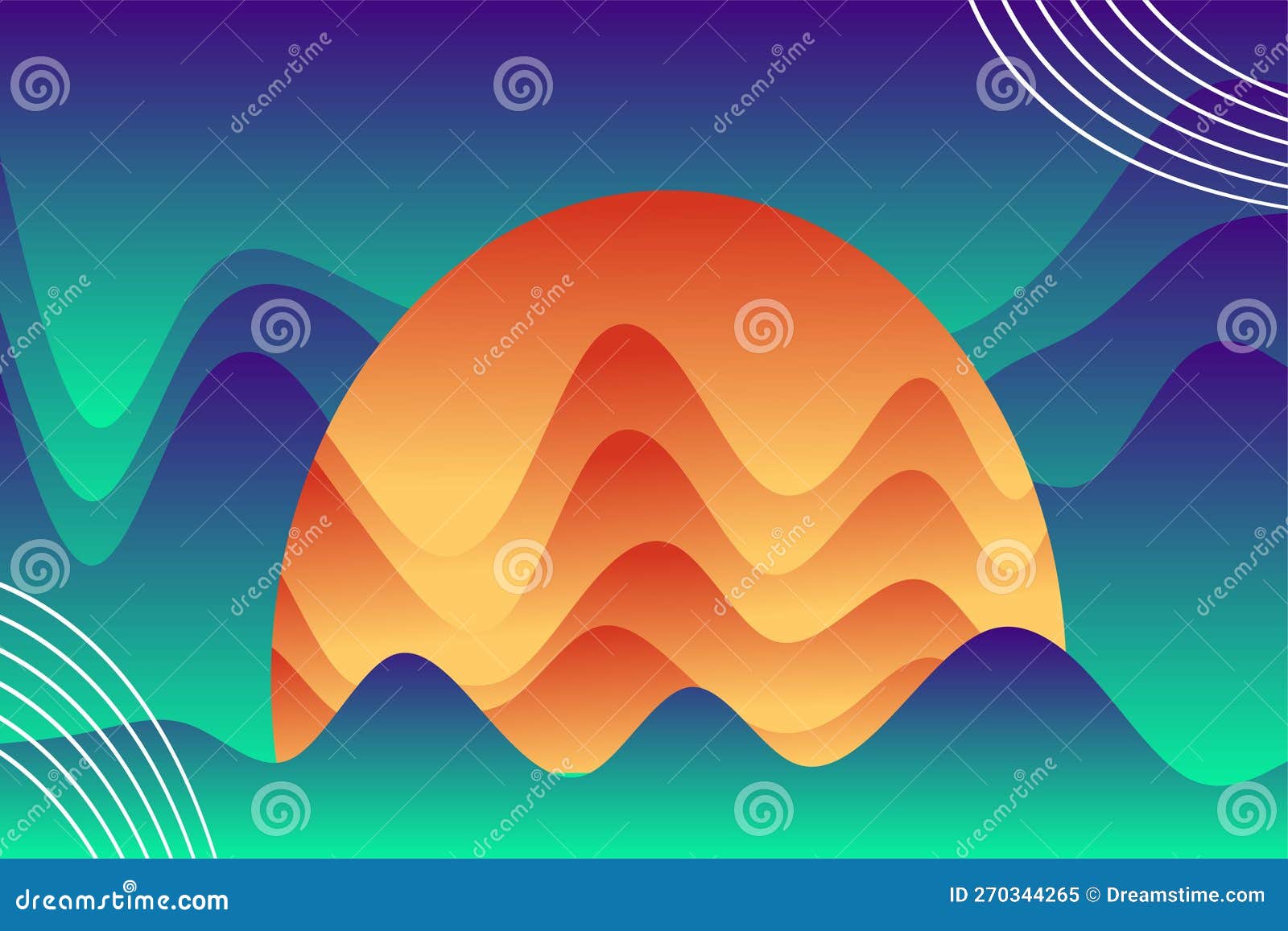 Abstract Background with Gradient Waves and Ornamental Shapes Overlays ...