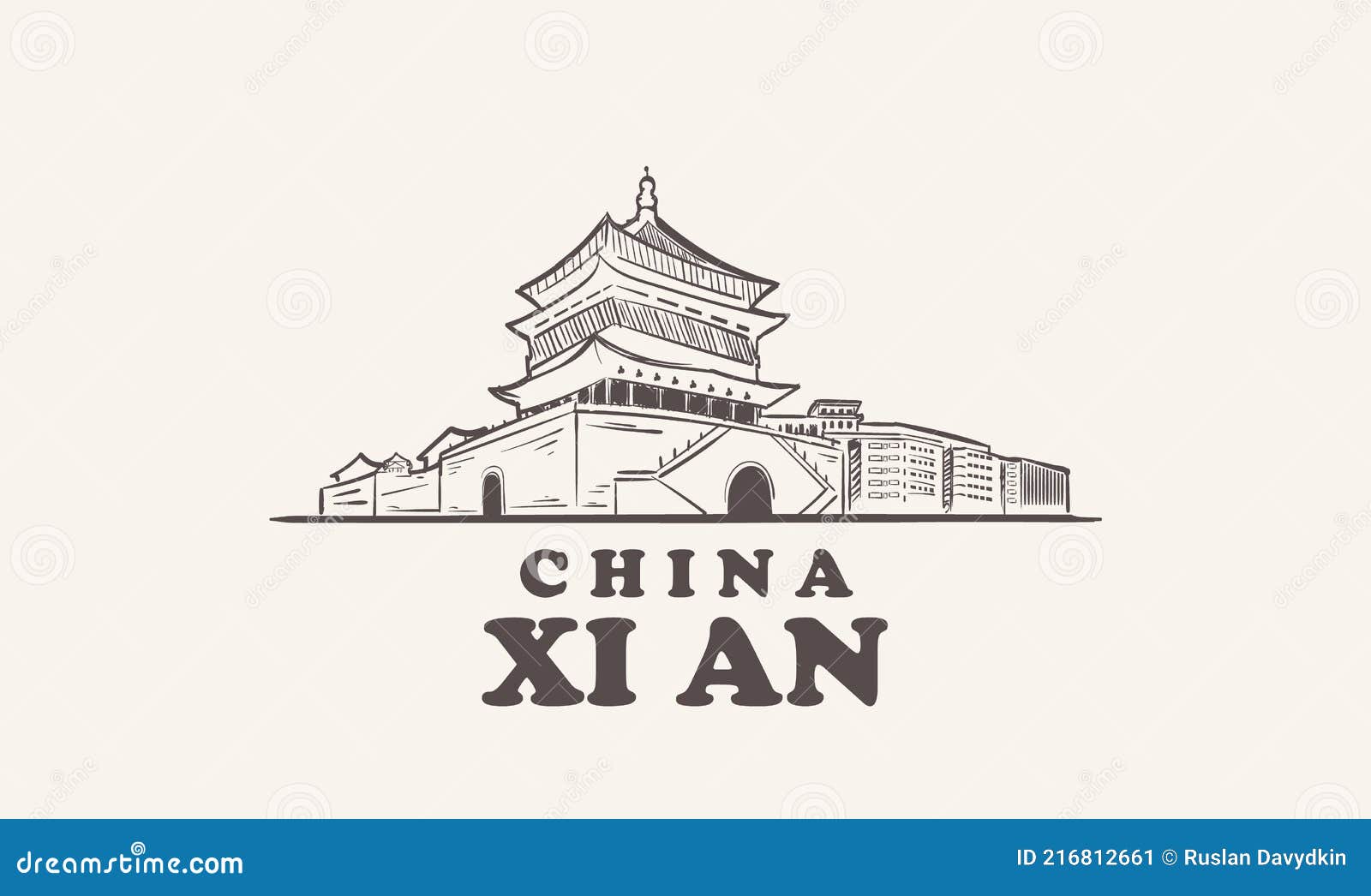 Xi an Cityscape Sketch Hand Drawn , China Vector Illustration Stock ...